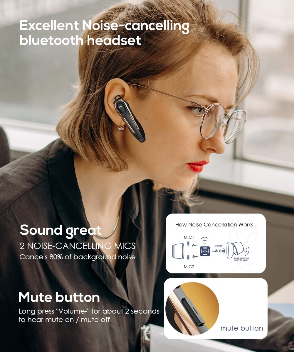 ZOUKAI Bluetooth Headset, Noise Cancelling with 2 Microphones, 30 Hours Talk Time, Announce Caller ID, Hands Free Bluetooth Wireless Earpiece for Cell Phones/Laptop/PC
