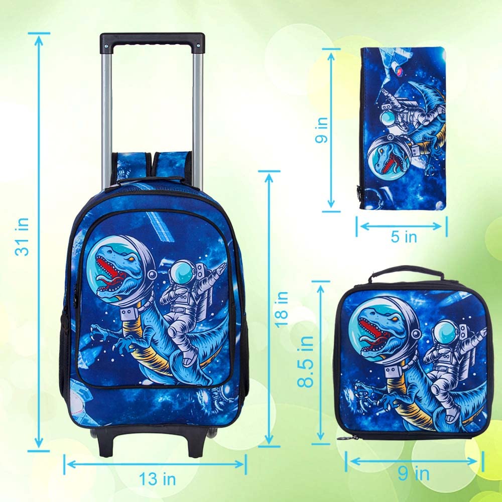 UFNDC 3PCS Kids Rolling Backpack, Dinosaur Wheeled Bookbag for Boys,Travel Roller School Bag with Wheels