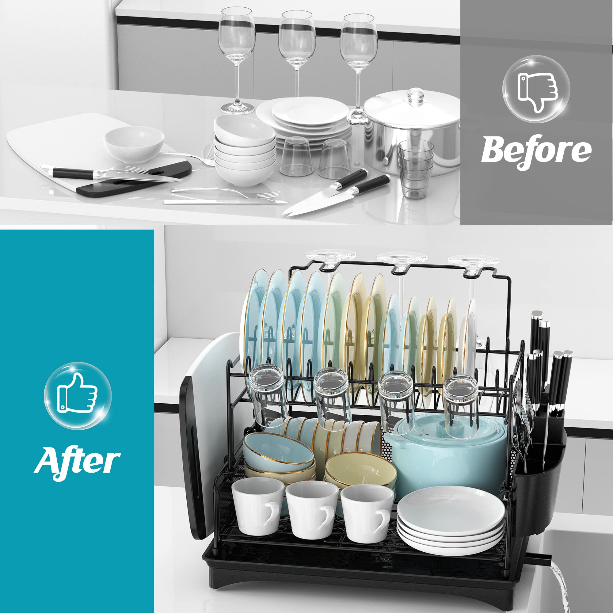 Wahopy Extra Large Dish Drying Rack - 2 Tier Dish Drying Rack with Drainboard for Kitchen Counter, Stainless Steel Dish Drying Rack with Cups, Forks, Knives, Utensil Holder