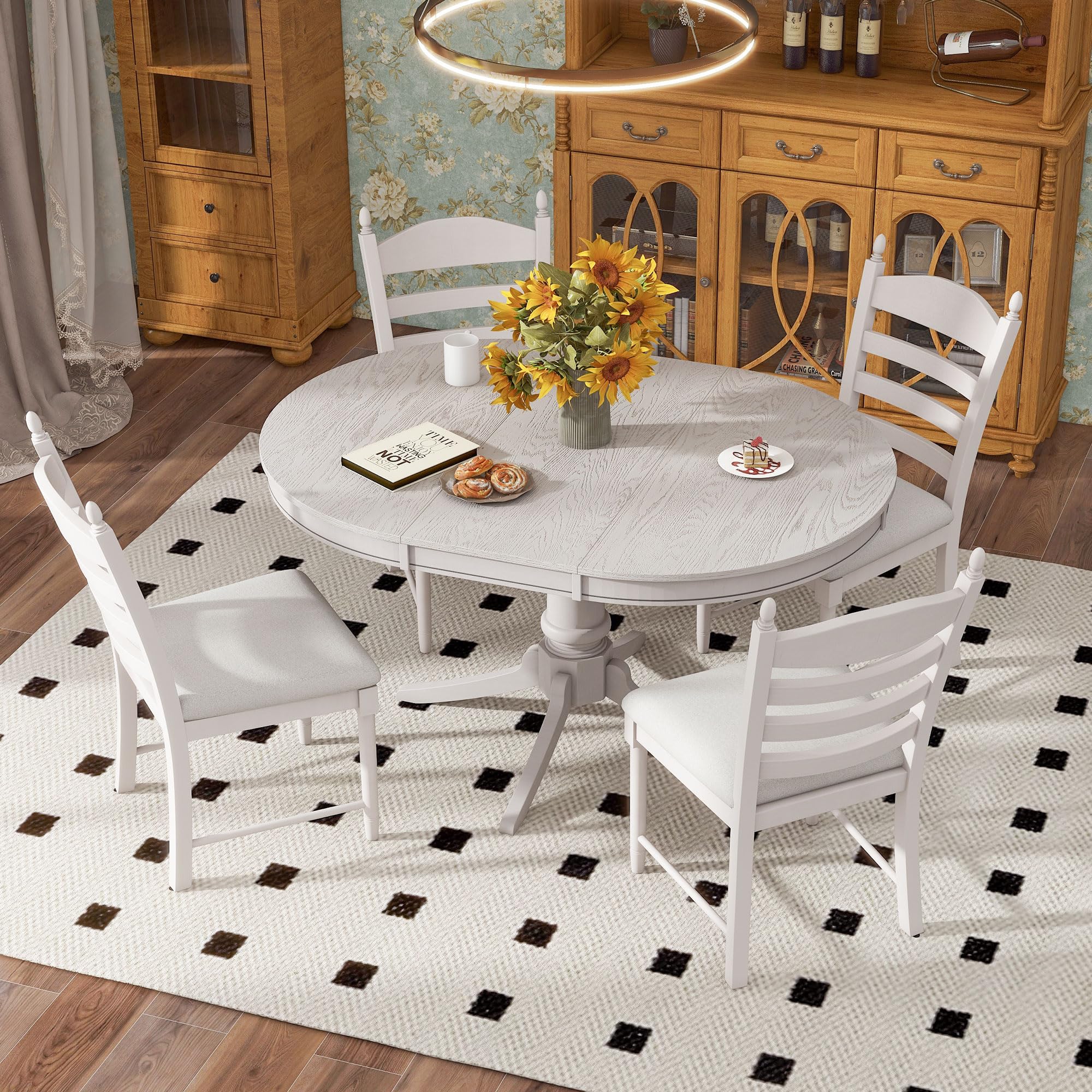 Wood 5-Piece Dining Table Set, Round Table with 4 Upholstered Dining Chairs for Kitchen Dining Room (Gray Table + Beige Chair)