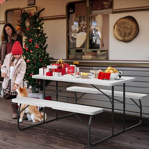 YITAHOME Folding Picnic Table w/Easy Assembly Steel Frame & Wood Like Tabletop, All Weather Folding Picnic Tables with Benches Ideal for Yard Patio Lawn Party, White