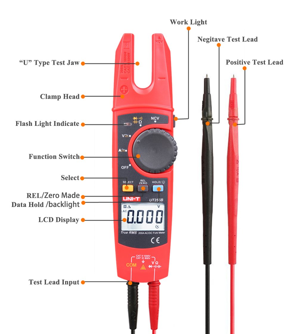 UNI-T UT256B 200A True RMS Fork Multimeter,AC DC Current NCV Tester,Voltmeter,Ohm,Cap , Clamp Meter