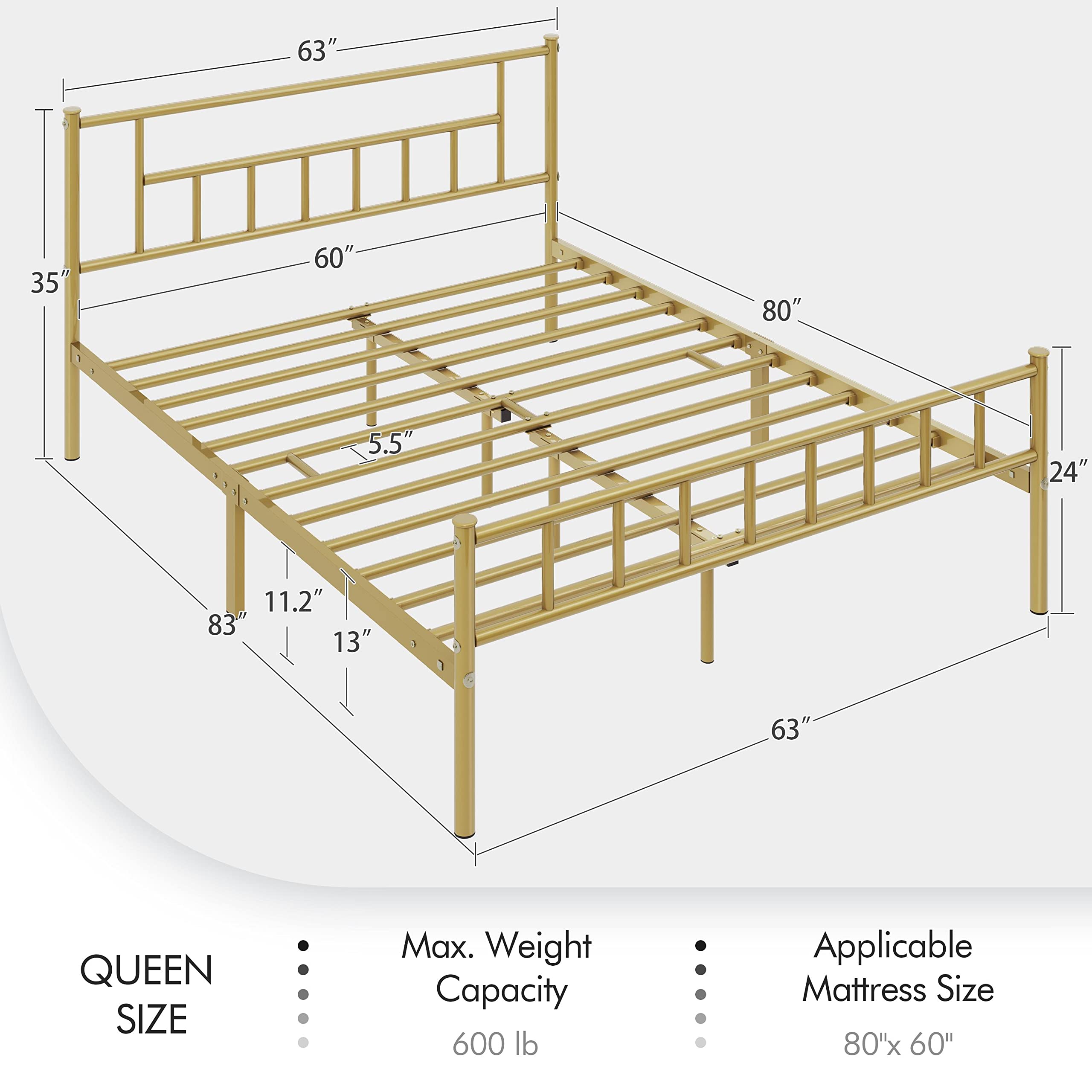 Yaheetech 13 inch Queen Size Metal Bed Frame with Headboard and Footboard Platform Bed Frame with Storage No Box Spring Needed Mattress Foundation Antique Gold