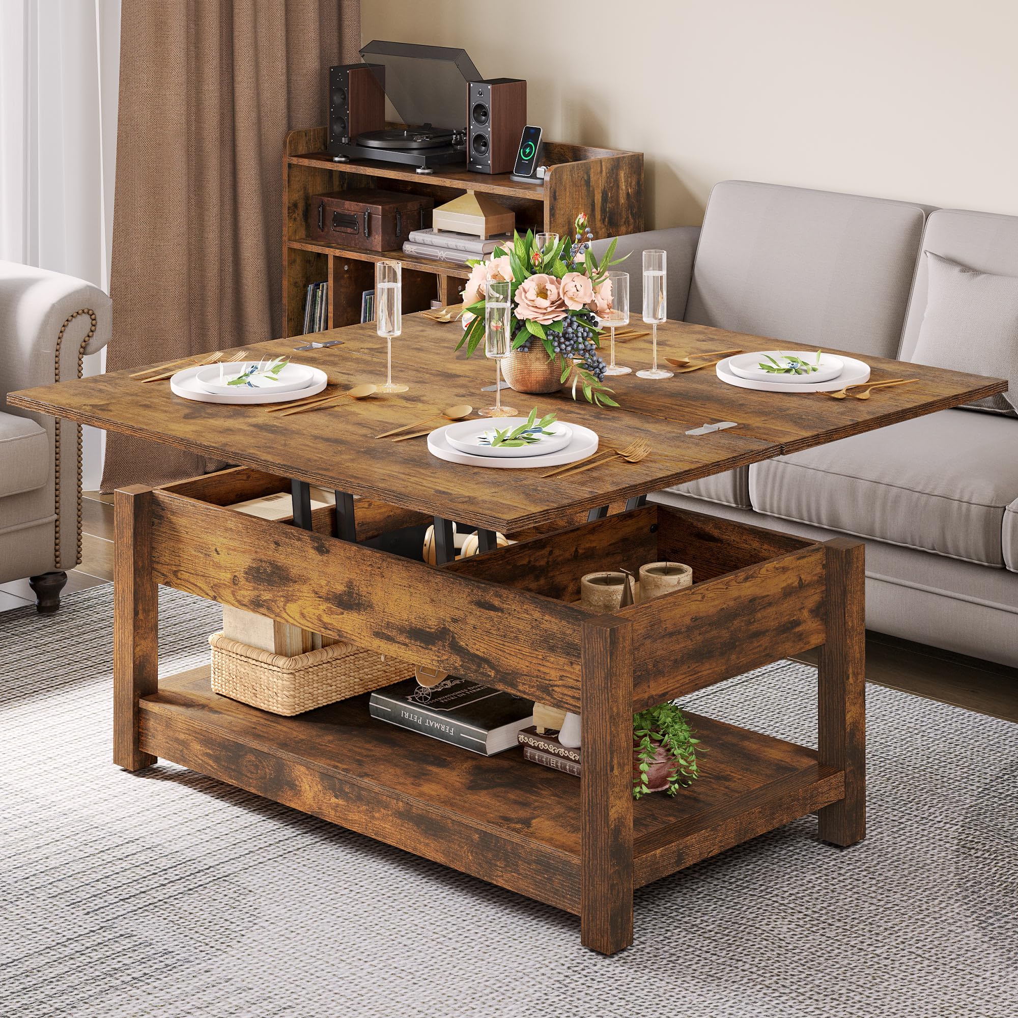 YITAHOME Lift Top Coffee Table, 3 in 1 Multi-Function Coffee Tables with Storage for Living Room, Farmhouse Modern Dining Table for Small Reception Room/Home Office,Rustic Brown