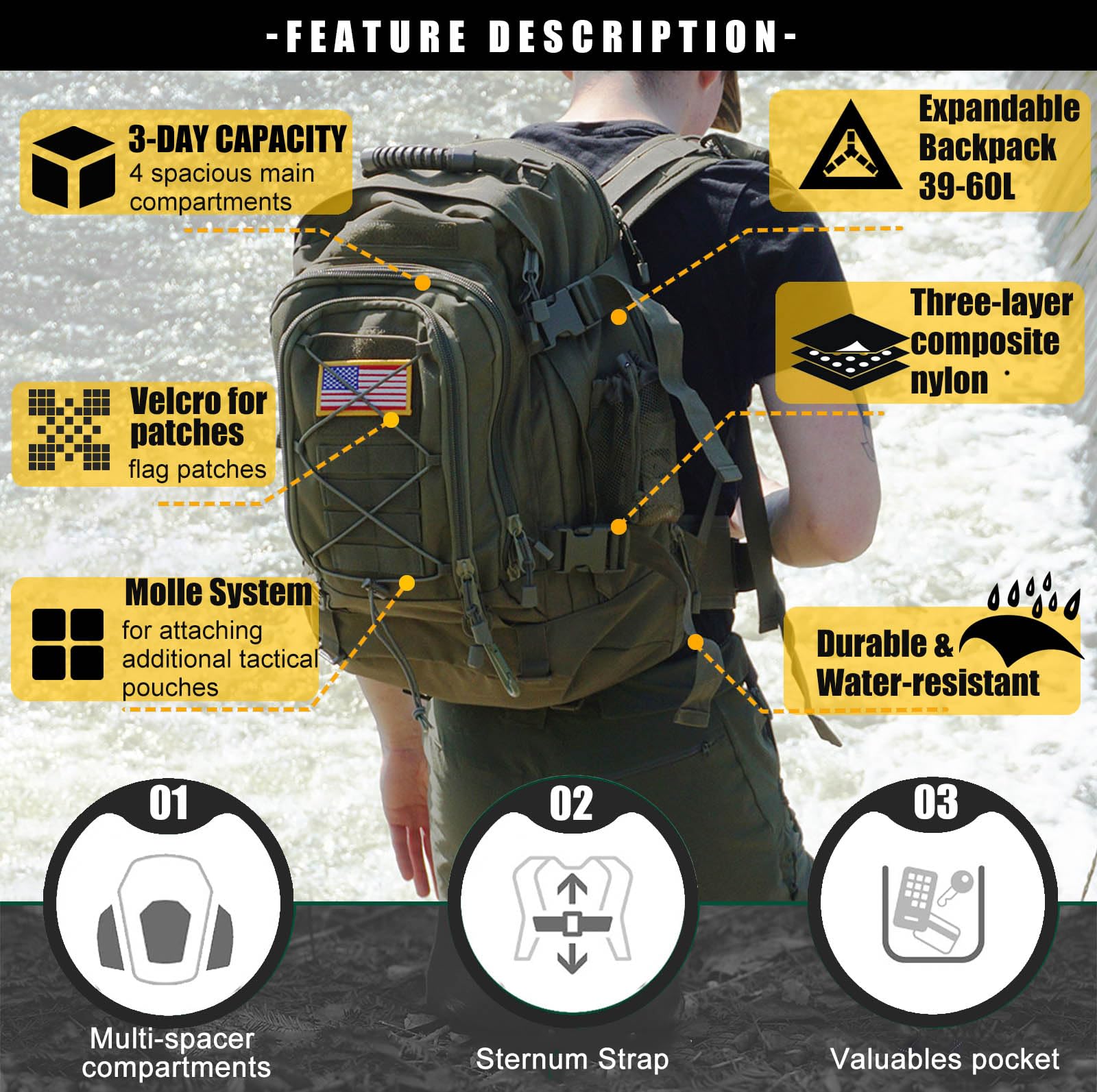 WolfWarriorX Backpack Military Backpacks for Men Tactical 3 Day Expandable Bag