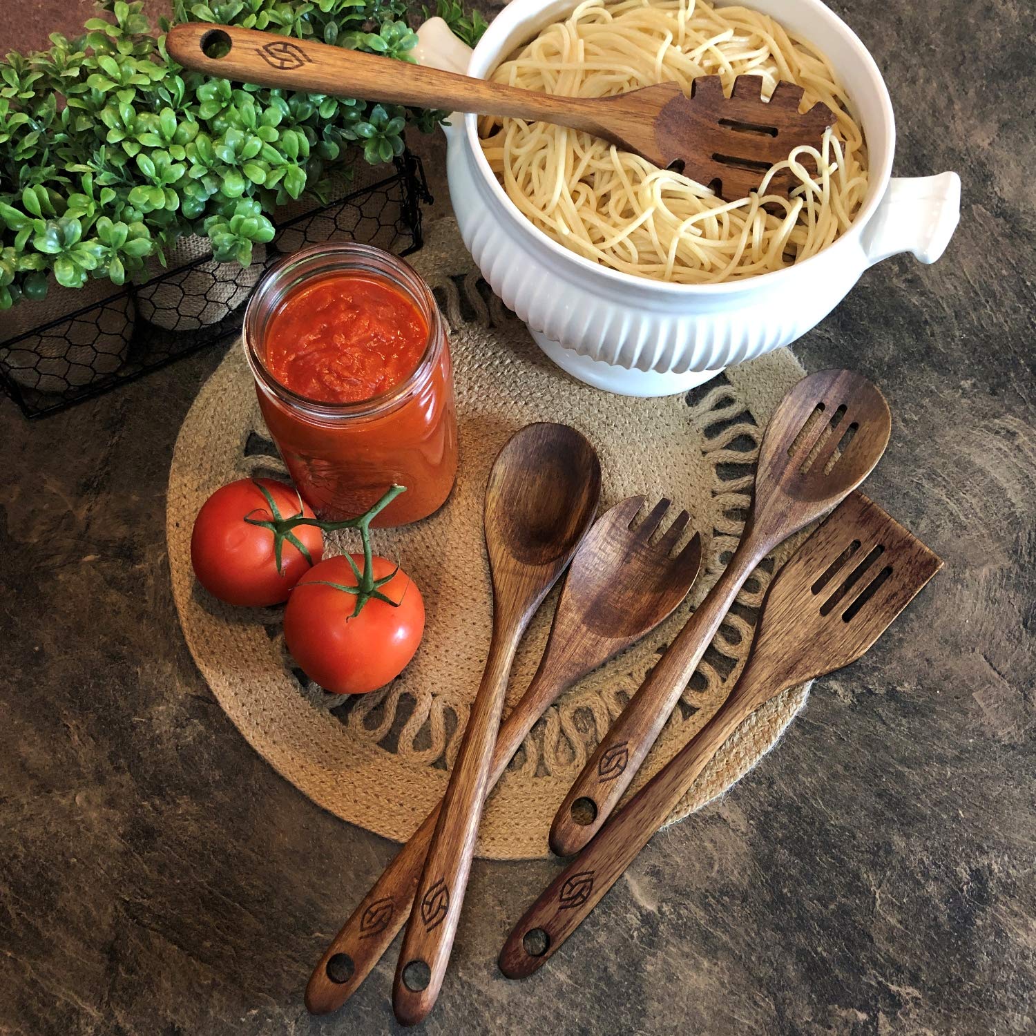 Wooden Spoons for Cooking - Kitchen Utensils Set of 5, Acacia Wood Utensil Sets, with Slotted Spoon, Salad Fork, Spatula, Pasta Server (Rich Brown)