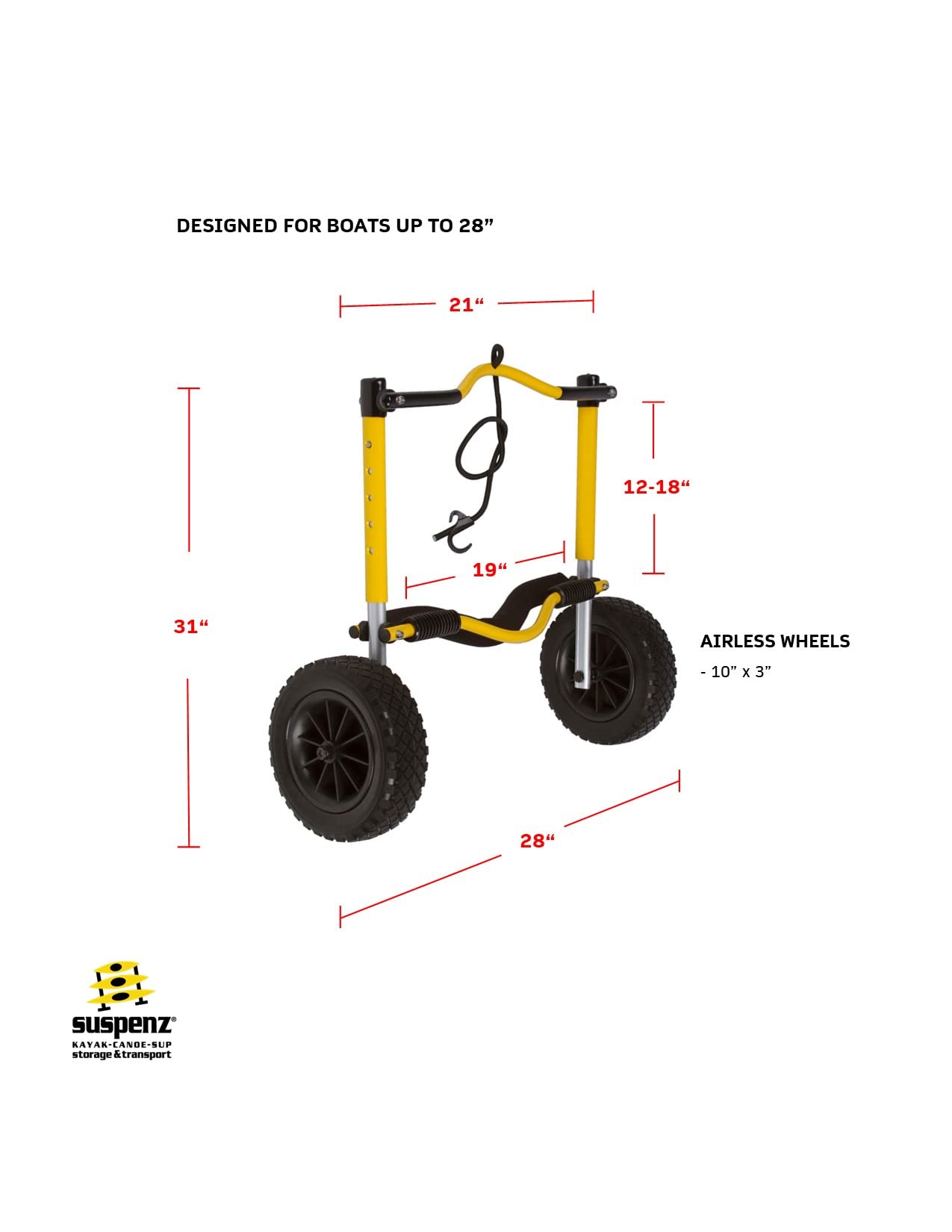 Suspenz Kayak Canoe Transport Cart, XL END Carrier Trolley with Airless Wheels, Yellow (22-0099)