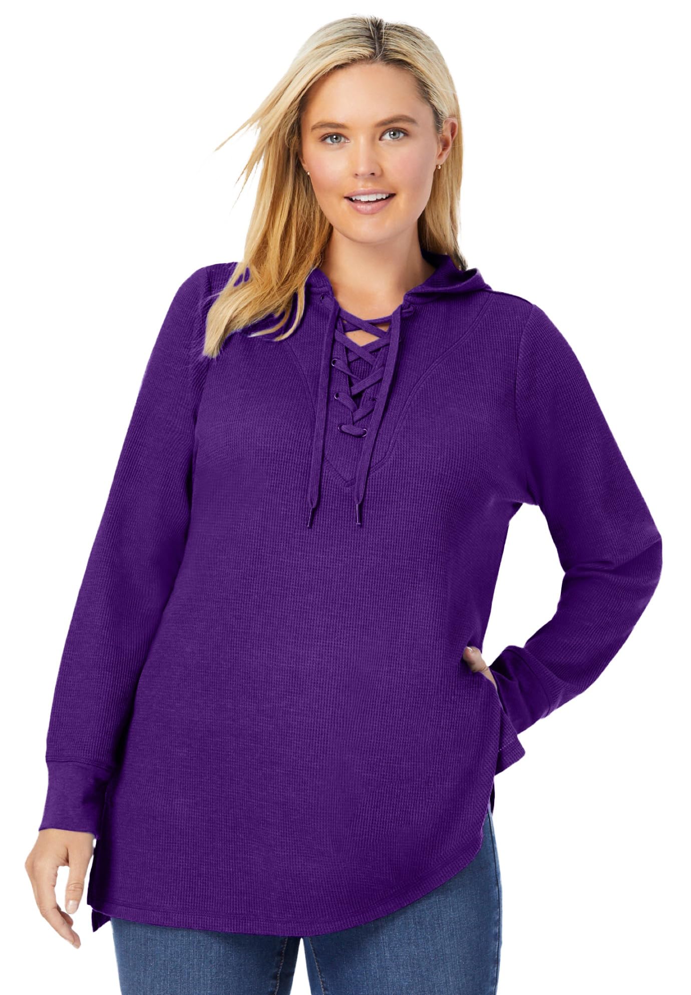 Woman Within Women's Plus Size Washed Thermal Lace-Up Hooded Sweatshirt - 30/32, Black
