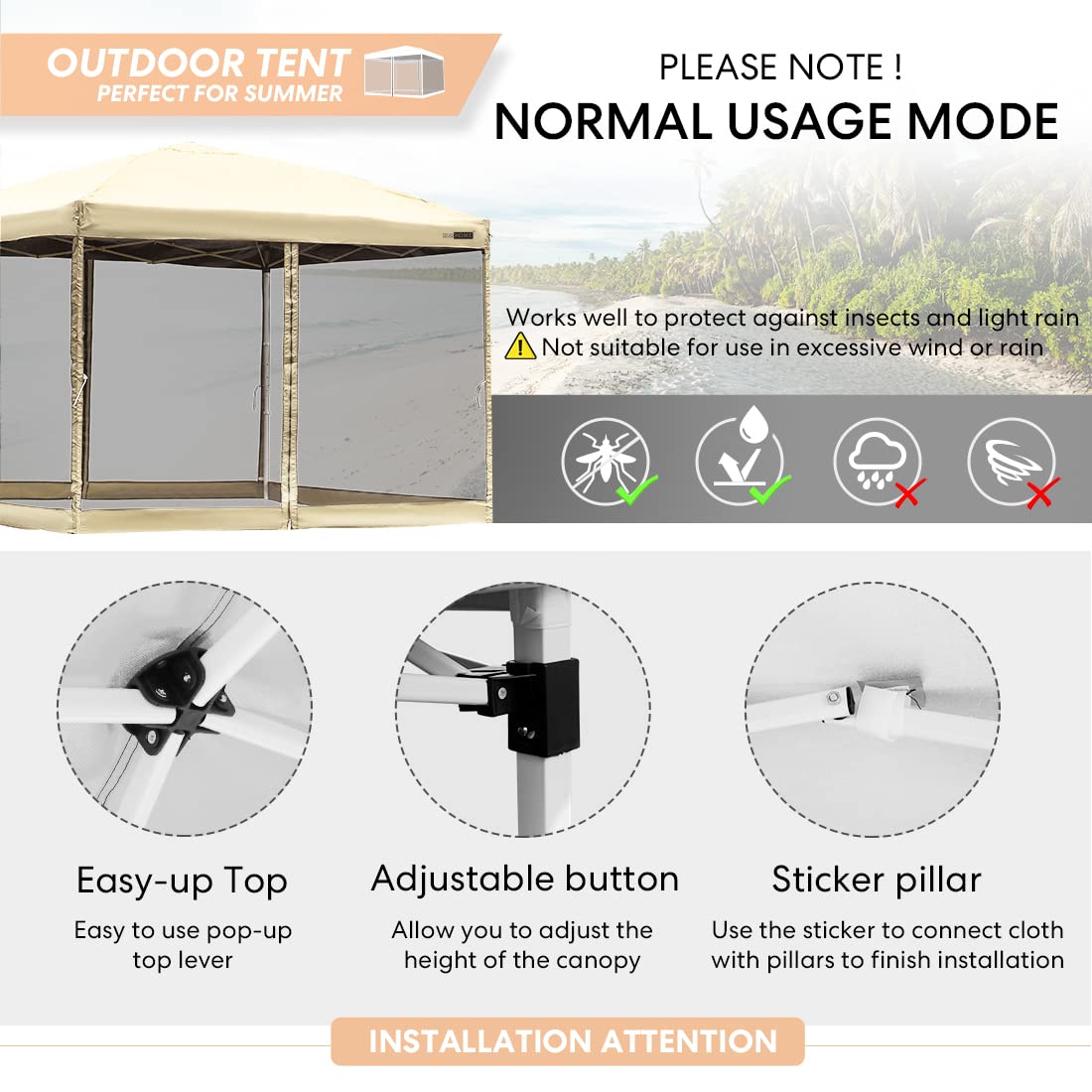 VIVOHOME 10x10ft Easy Pop-Up Canopy, Outdoor Screen Tent with Mesh Mosquito Netting Side Walls for Camping Picnic Party Deck Yard Events, Beige