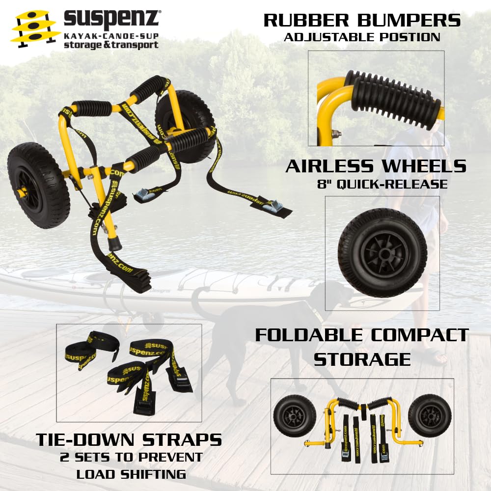 Suspenz Stowable Kayak Carrier Cart, SK Trailer Cart with Airless Wheels and Straps, Yellow, (22-1166)