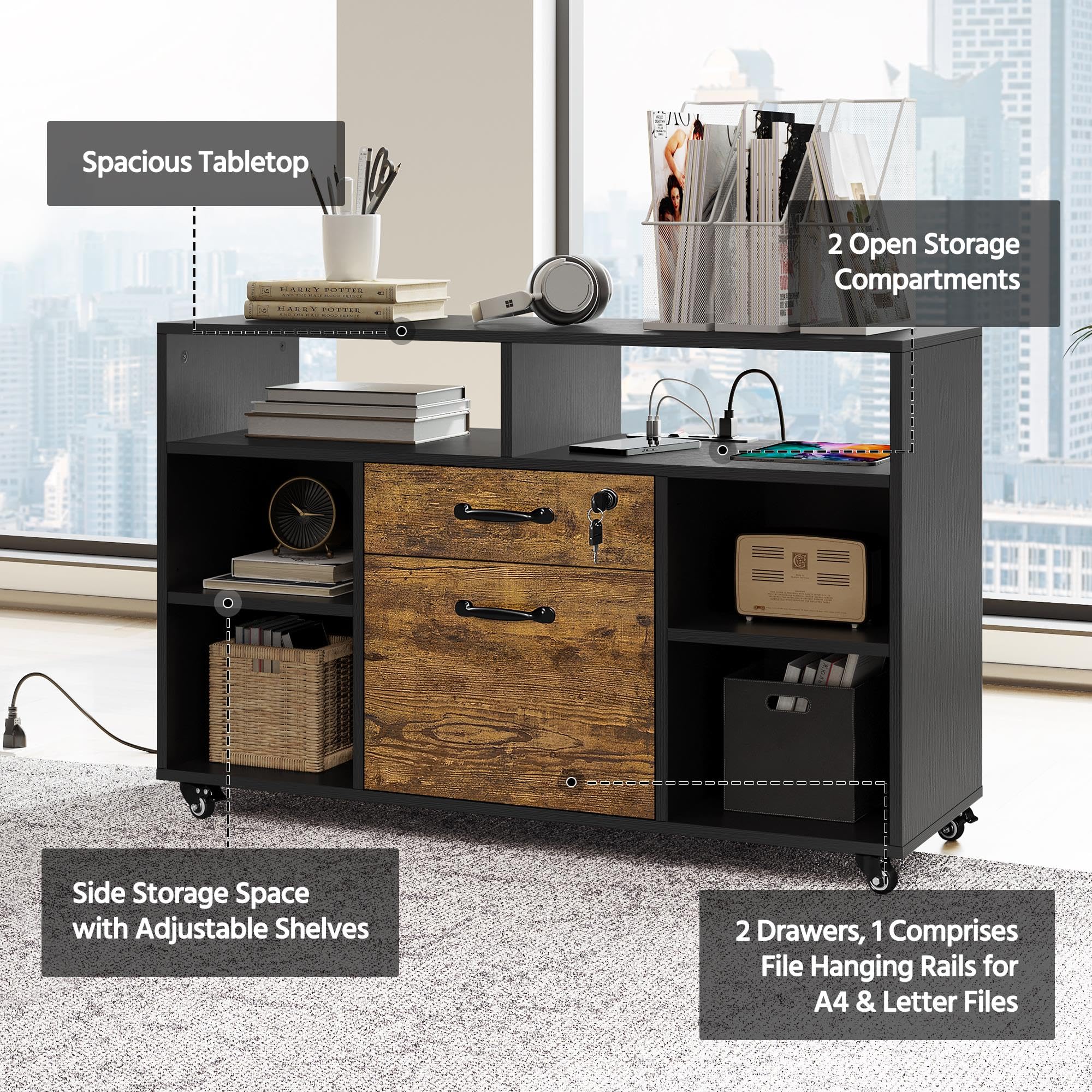 Yaheetech File Cabinet Filing Cabinets with Socket & USB Charging Port 2 Drawers Lateral Printer Stand for Letter Size A4 Size, Home Office Black/Rustic Brown