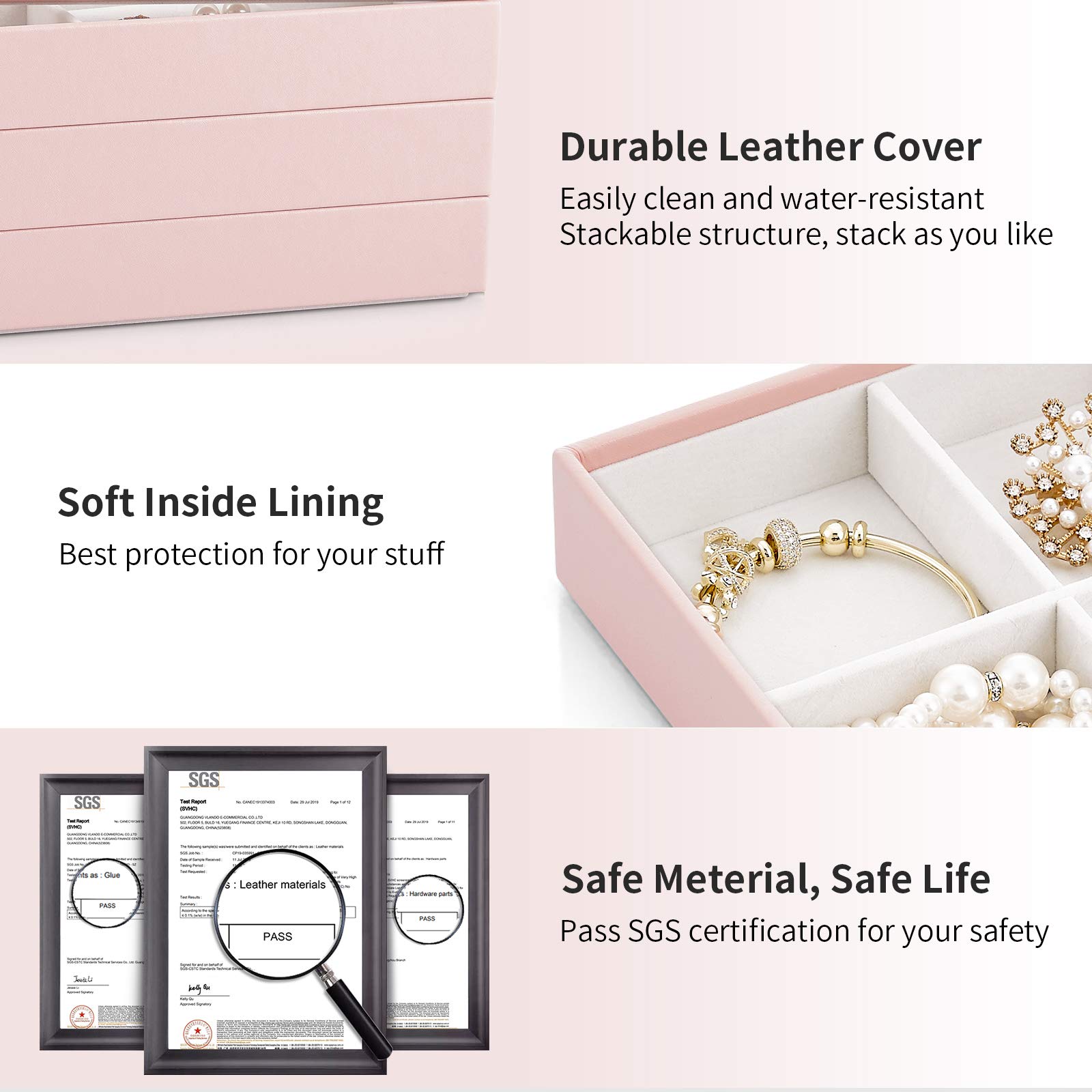 Vlando Miller Jewelry Tray-Six compartment,Multiple Color Combinations, Large Capacity Multi-Layer Design and Fashion(Pink)