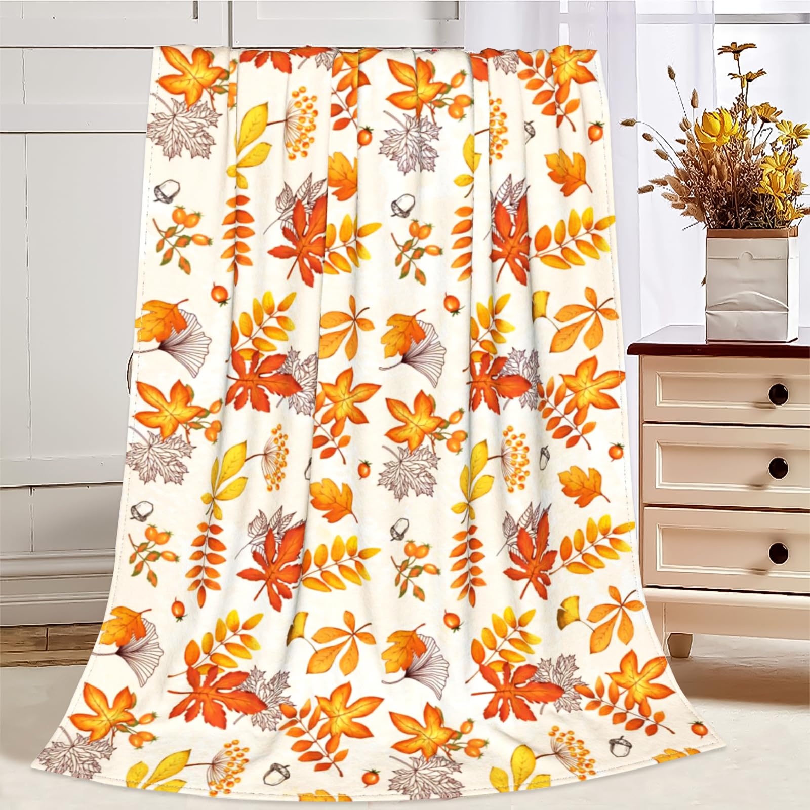 XQWATW Fall Throw Blanket Decor Autumn Leaf Print Soft Warm Blanket Thanksgiving Decoration and Gifts Cozy Fleece Blanket for Bed Sofa Couch 50 x 60 Inch