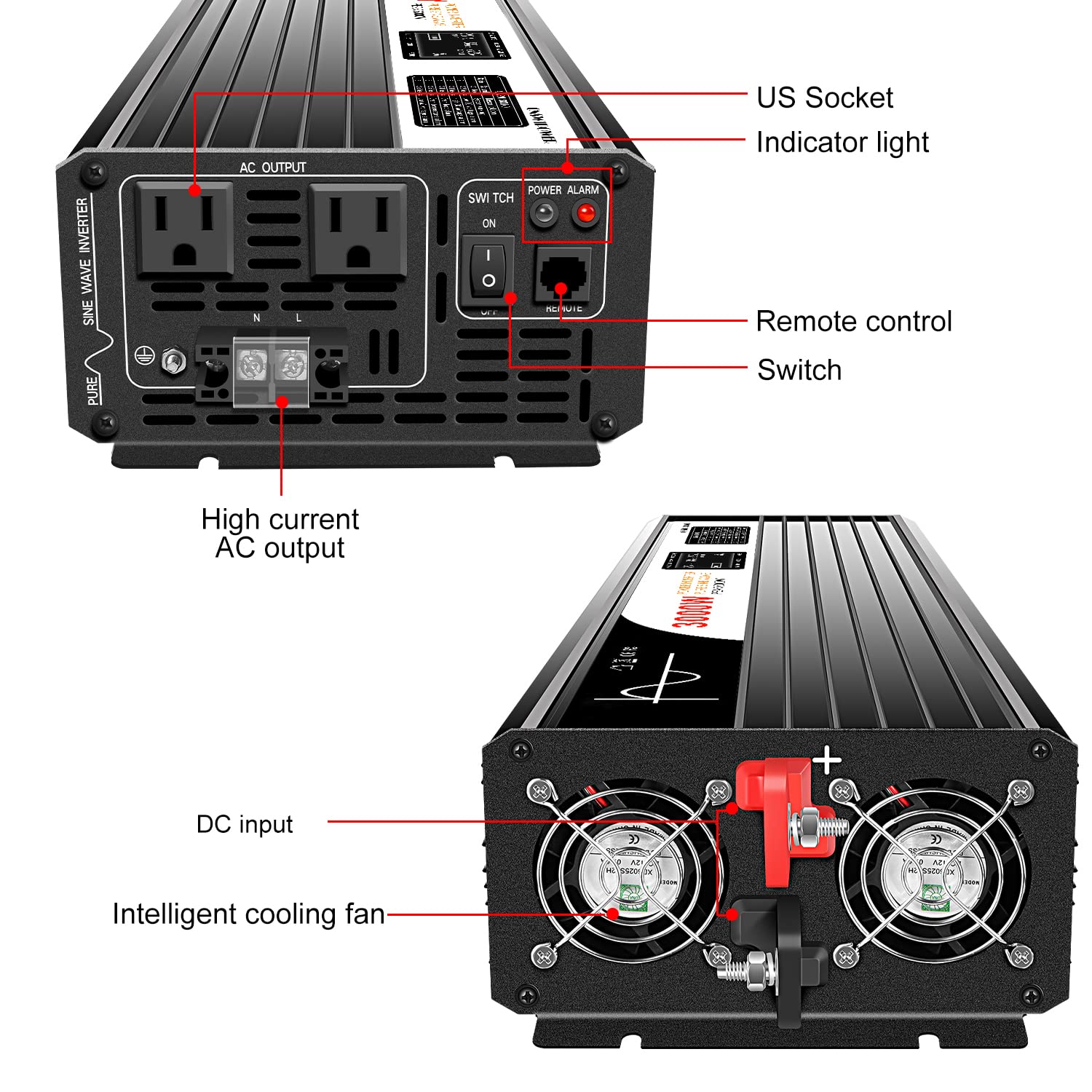 XIJIA 3000W (Peak 6000W) Pure Sine Wave Power Inverter DC 12V to AC 120V 60HZ Solar Converter for Home Use car Remote Control (DC12V (Range 10V-15V) 3000W)