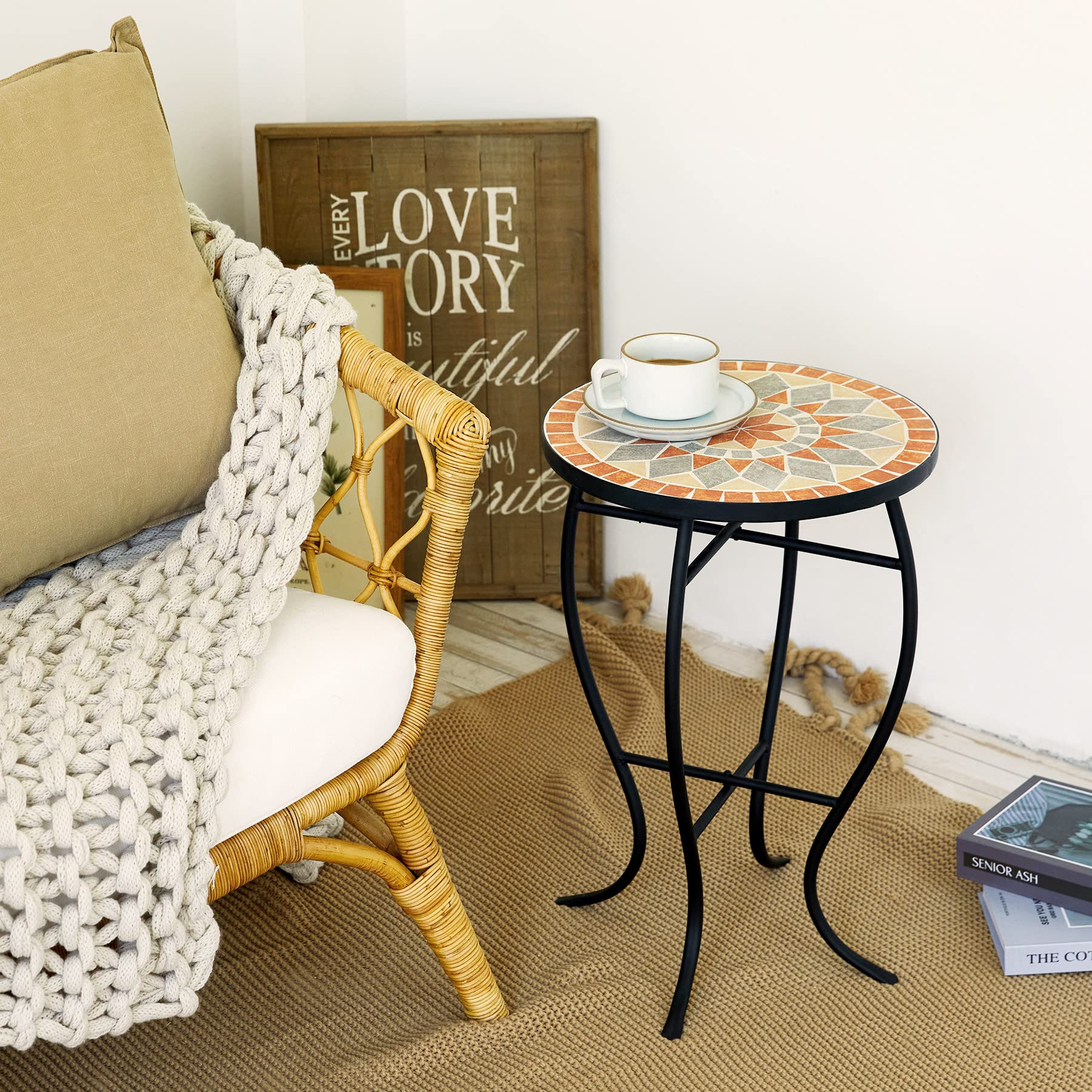 VONLUCE Mosaic Side Table and Plant Stand + French Vintage Foot Stool with Rustic Wood Legs and Padded Seat