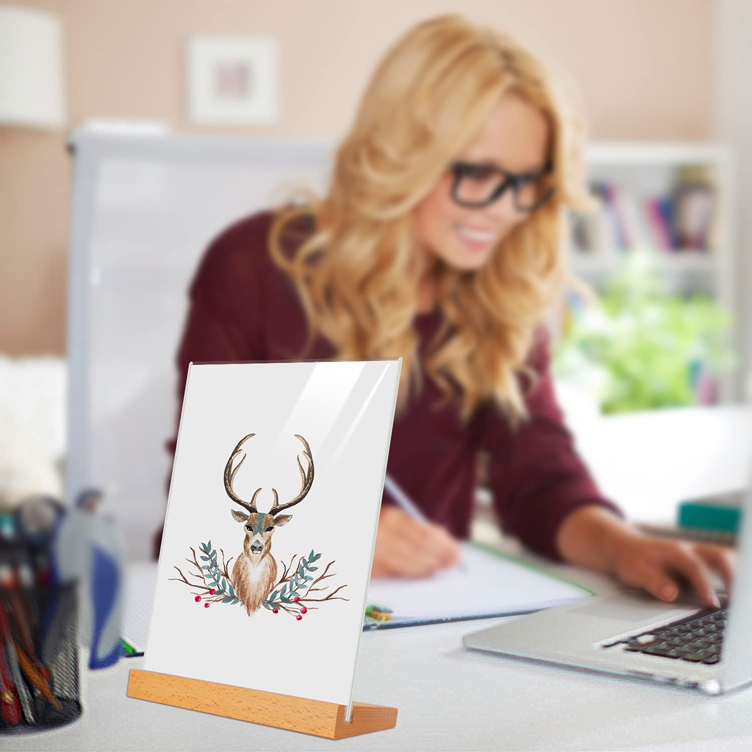 TONICEĀ® 3 Pack 5x7 Acrylic Sign Holder Slant Back Design L Shape Clear Acrylic Frames Wood Base, Table Menu Display Stand Flyer Display for Desk Display (Optional 8.5x11/5x7 Inch L/T Shape)