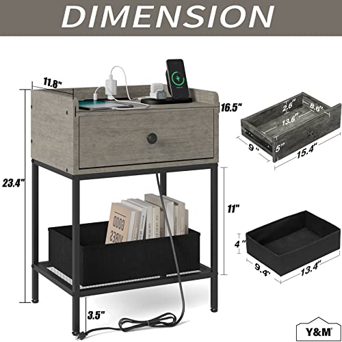 Y&M Nightstand with Charging Station and USB Ports, Side End Table with Drawer, Modern Bedside Tables Night Stand Storage Shelf for Small Spaces, Bedroom, Living Room - Gray and Black