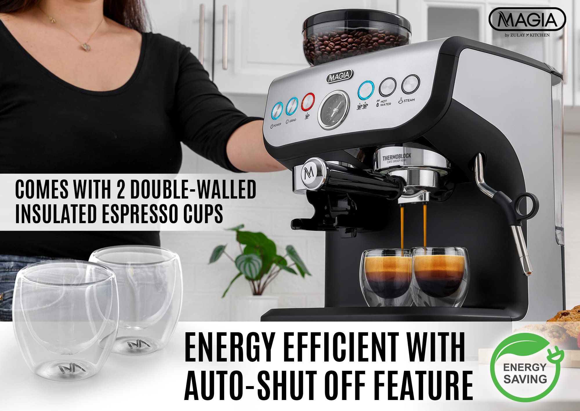 Zulay Kitchen Magia Manual Espresso Machine with Grinder and Extra Large 2L Removable Water Tank and Original Milk Frother with Stand