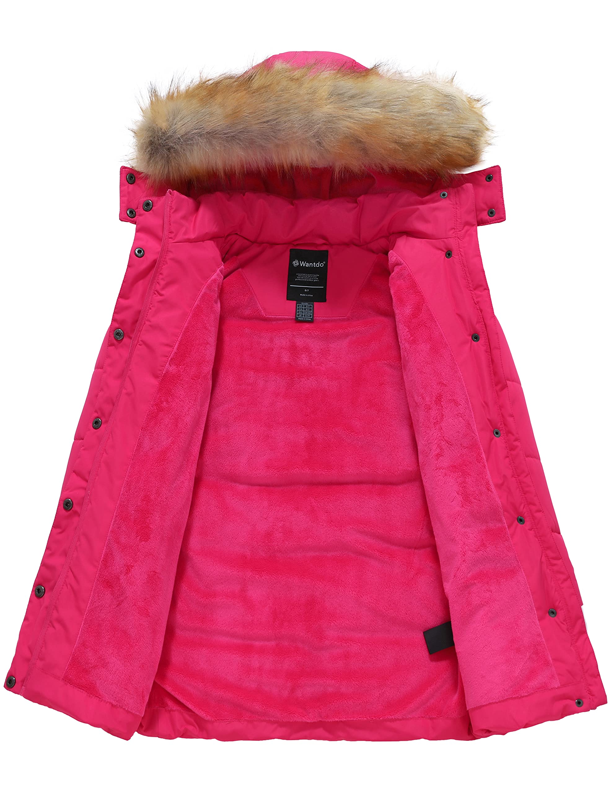 wantdo Girl's Winter Coats Long Puffer Coats Warm Fleece Jacket With Hood Rose Red 10-12