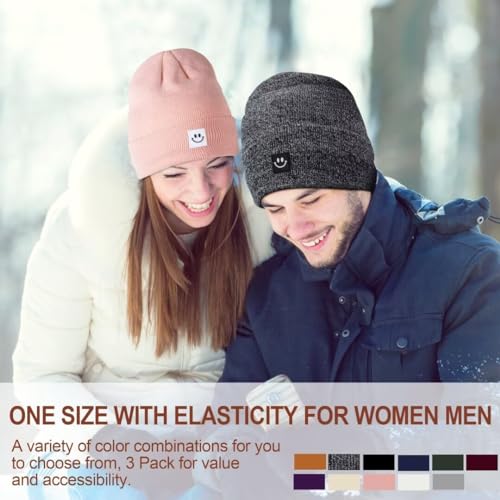 Winter Beanie Hats for Women Men 3Pack,Fleece Lined Womens Winter Hats with Smiley Face,Warm Cute Beanie for Cold Weather(Camel+Black+Black/White)