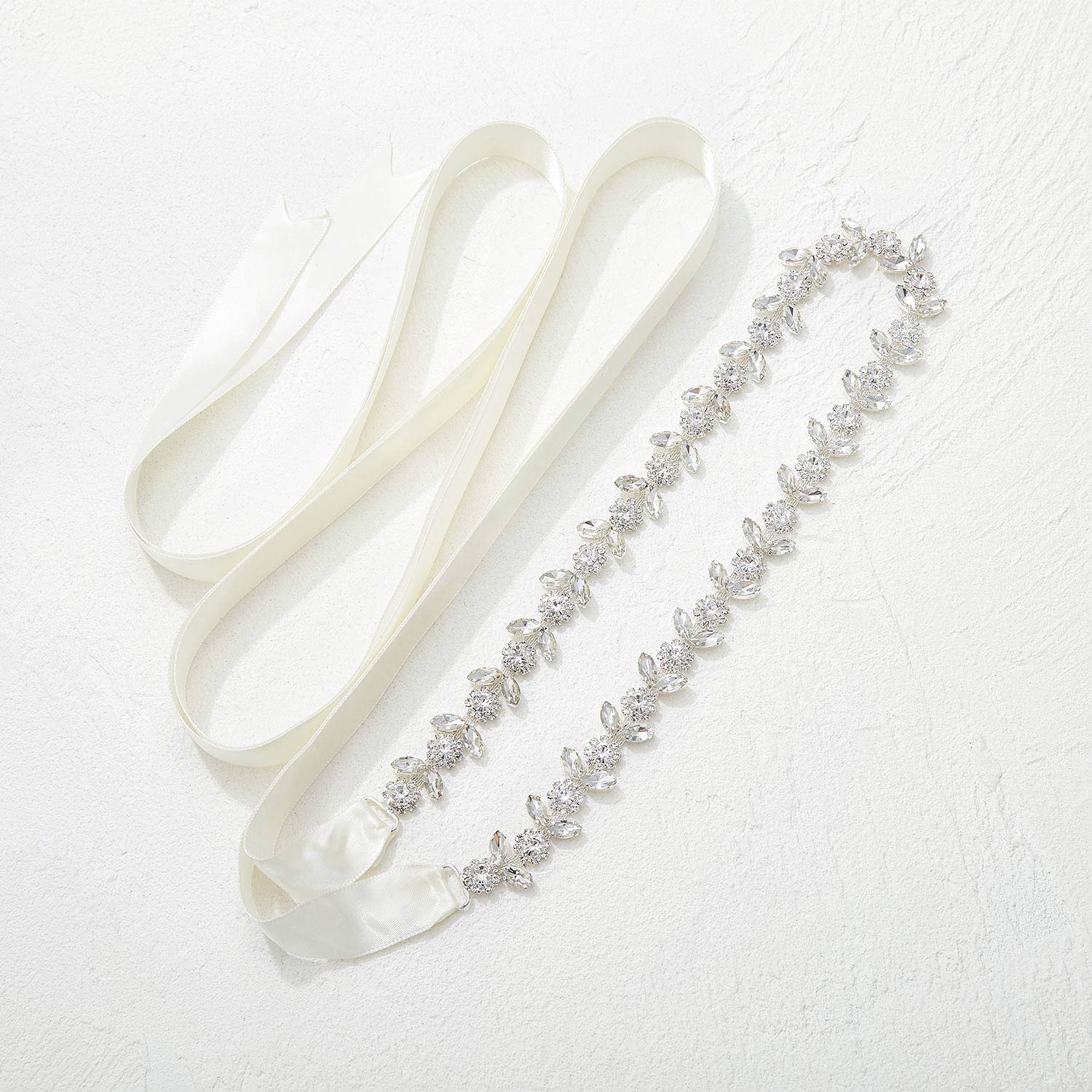SWEETV Crystal Flower Wedding Belt Rhinestone Headband Sash Belt for Bride Bridesmaid Flower-Girl, Silver