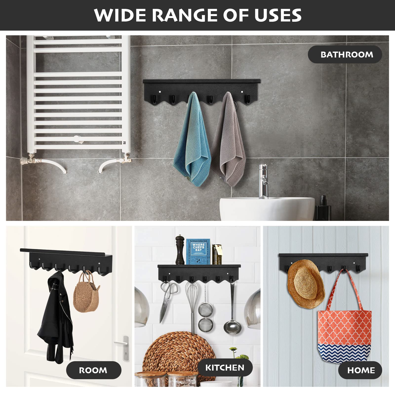 Wapodeai Key Rack with Tray, Self Adhesive or Screw Dual Use Key Rack with Small Shelf and 6 Metal Hooks, Key Holder for Wall Decorative, Suitable for Office, Foyer, Kitchen, Hallway (Black)