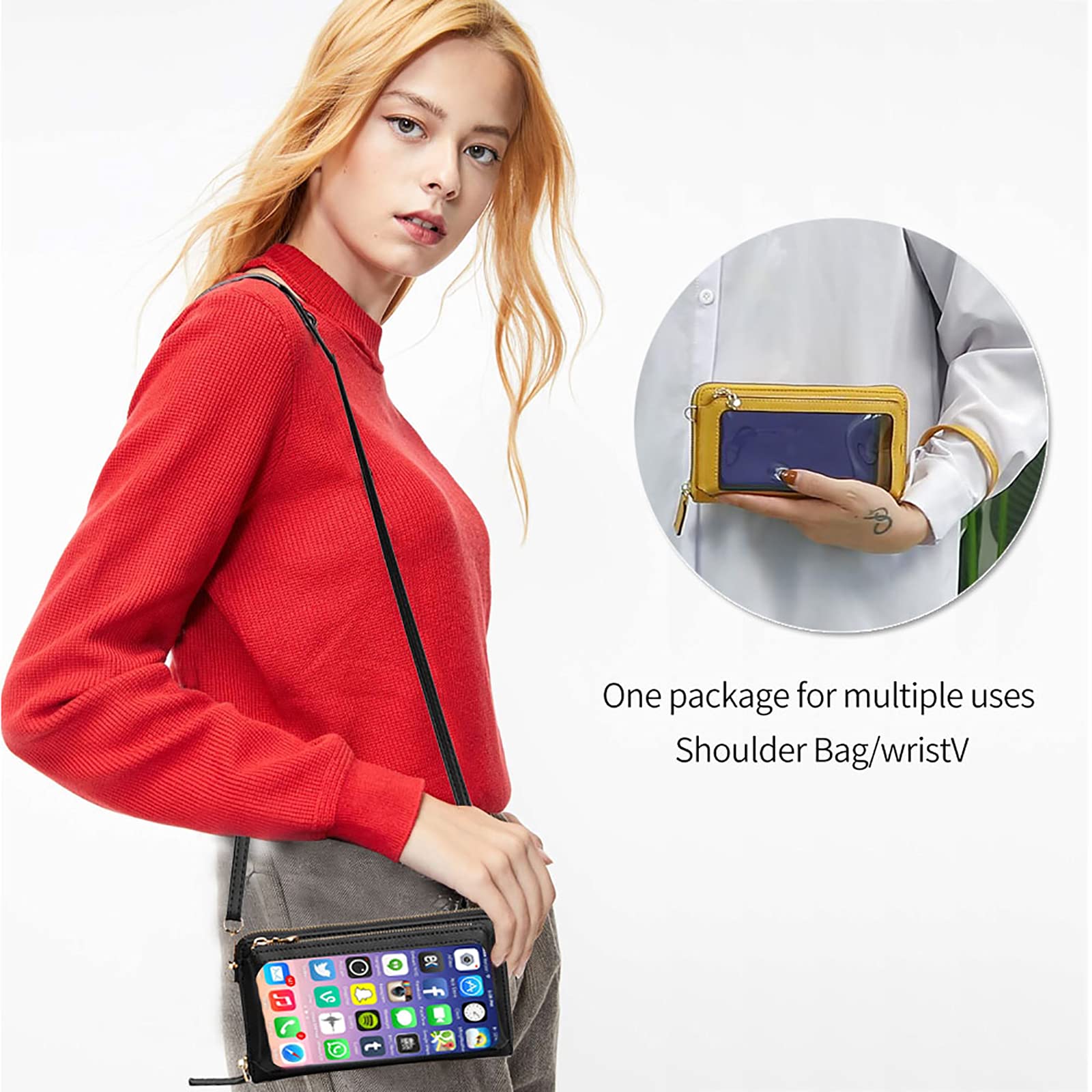 Women Touch Screen Wristlet Handbag, RFID Protection Small Crossbody Bag Phone Wallets Purse
