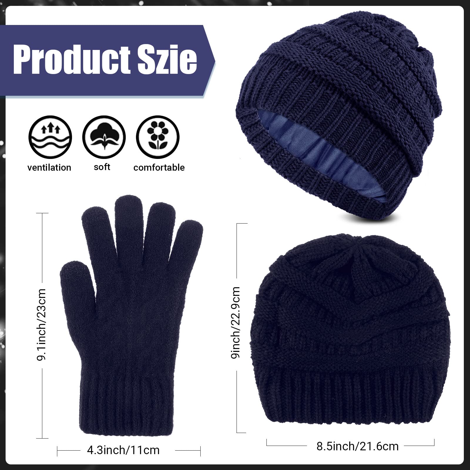 Winter Knit Beanie Hat Touchscreen Gloves Set, Soft Slouchy Skull Cap Gloves Set for Men Women Cycling Biking, 2 Sets (Navy Blue, Light Gray)