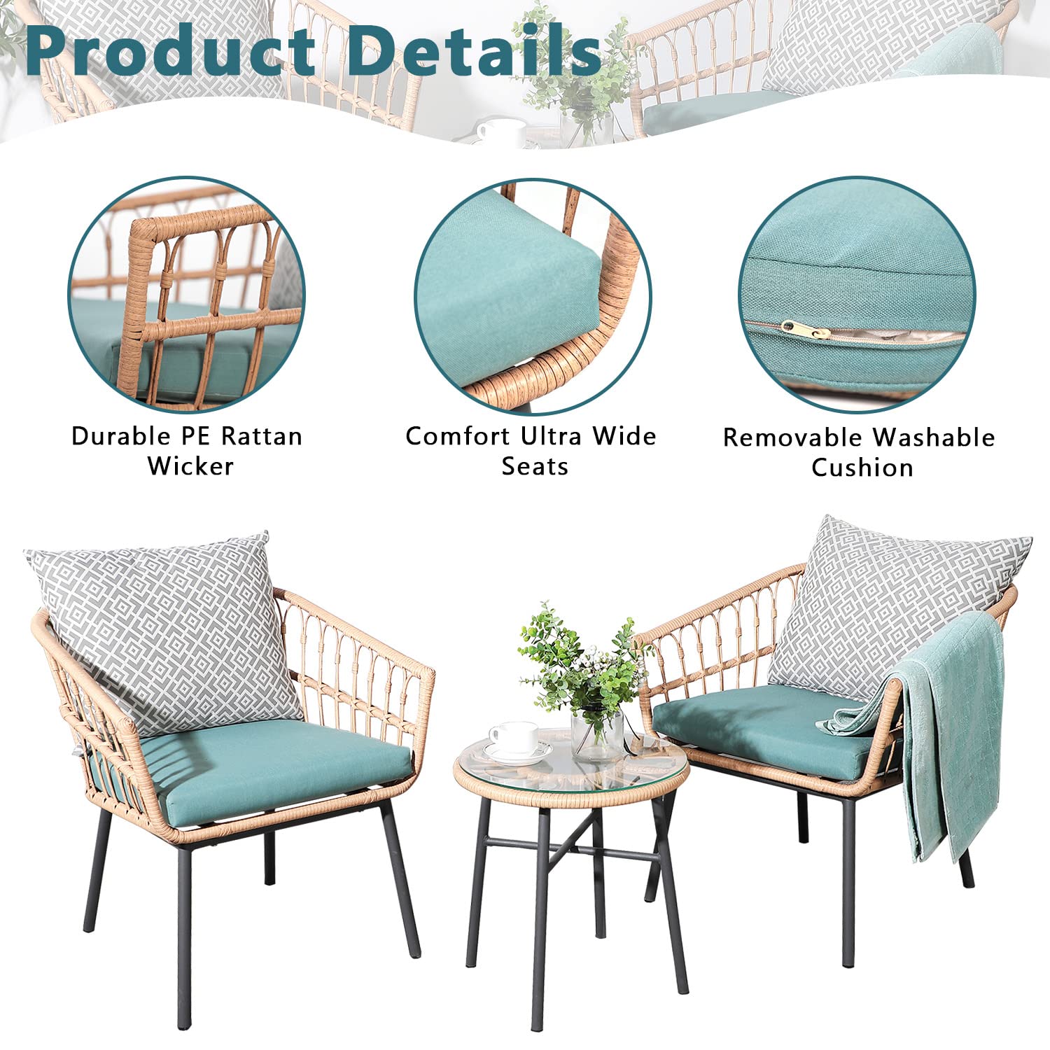 Yangming 3 Piece Patio Furniture Outdoor Conversation Bistro Set with Tempered Coffee Table and Wicker Chairs for Garden Balcony Backyard Yard Poolside (Green)