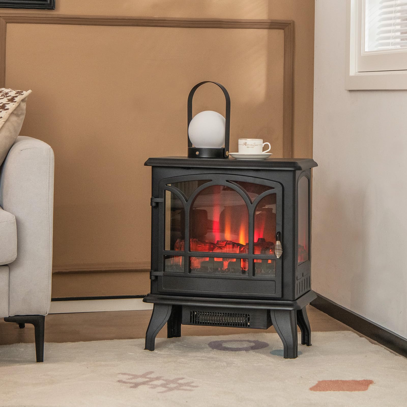 Tangkula 23 Inch Electric Fireplace Stove, Freestanding Fireplace Heater with Vivid Flame Effect, 3-Sided Panoramic View, Overheat Protection, 1400W Space Heater, Ideal for Home & Office