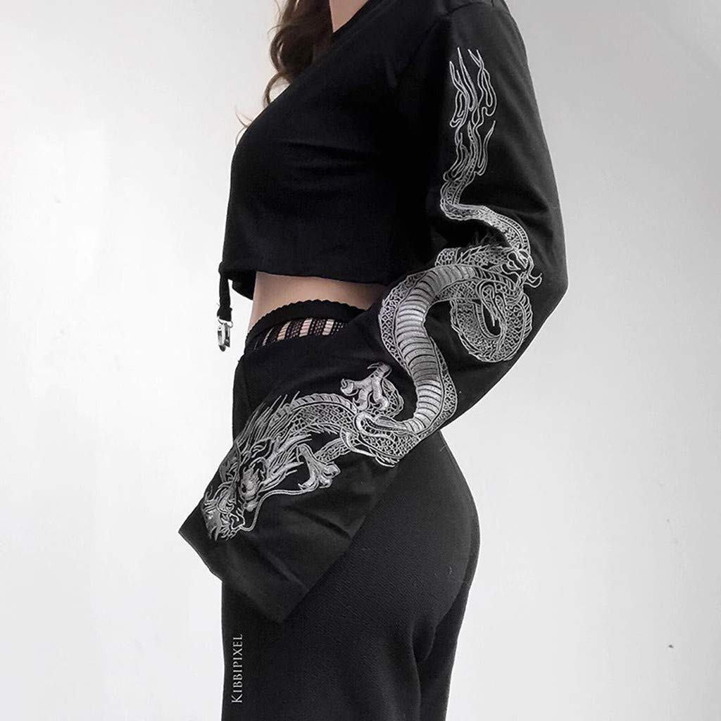 Women's Crop Sweatshirt Punk Goth Dragon Print Buckle Suspender Cropped Top Blouse Pullover Casual Outerwear (Black, L)