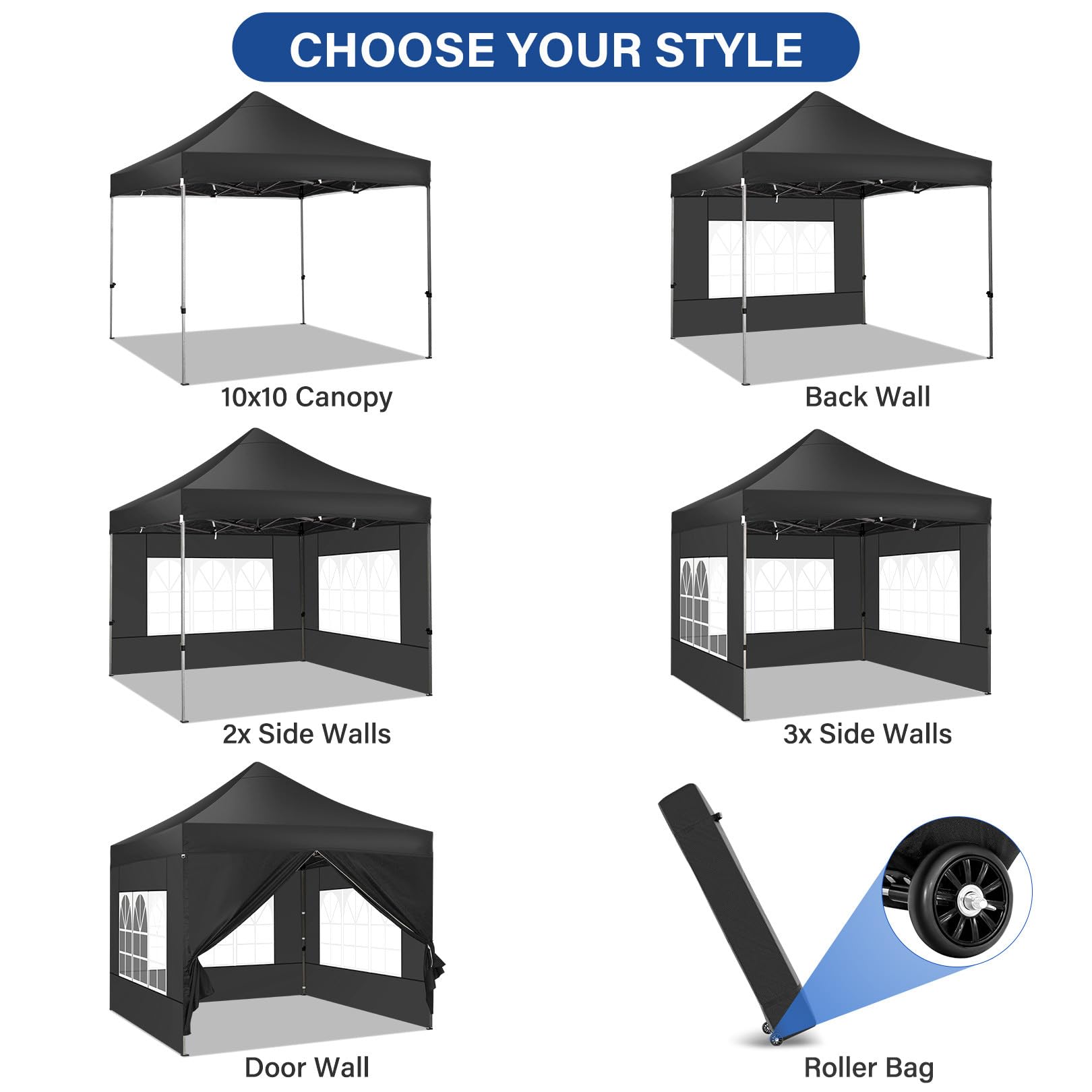 Tooluck 10x10 Pop up Canopy Commercial Heavy Duty Canopy Tent with 4 sidewalls Easy Up Outdoor Party Tent Instant Canopy All Season Windproof & Waterproof Gazebo with Roller Bag,Black(Frame Thickened)