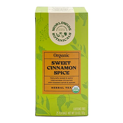 Worldwide Botanicals Sweet Cinnamon Spice Herbal Tea - Organic, Caffeine Free, Kosher, Naturally Sweet, 50% More Herbs - 25 Tea Bags