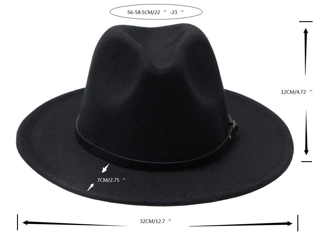 Women's Felt Panama Hats Classic Wide Brim Rancher Fedora with Belt Buckle (Black, 56-58cm/22-22.8in)