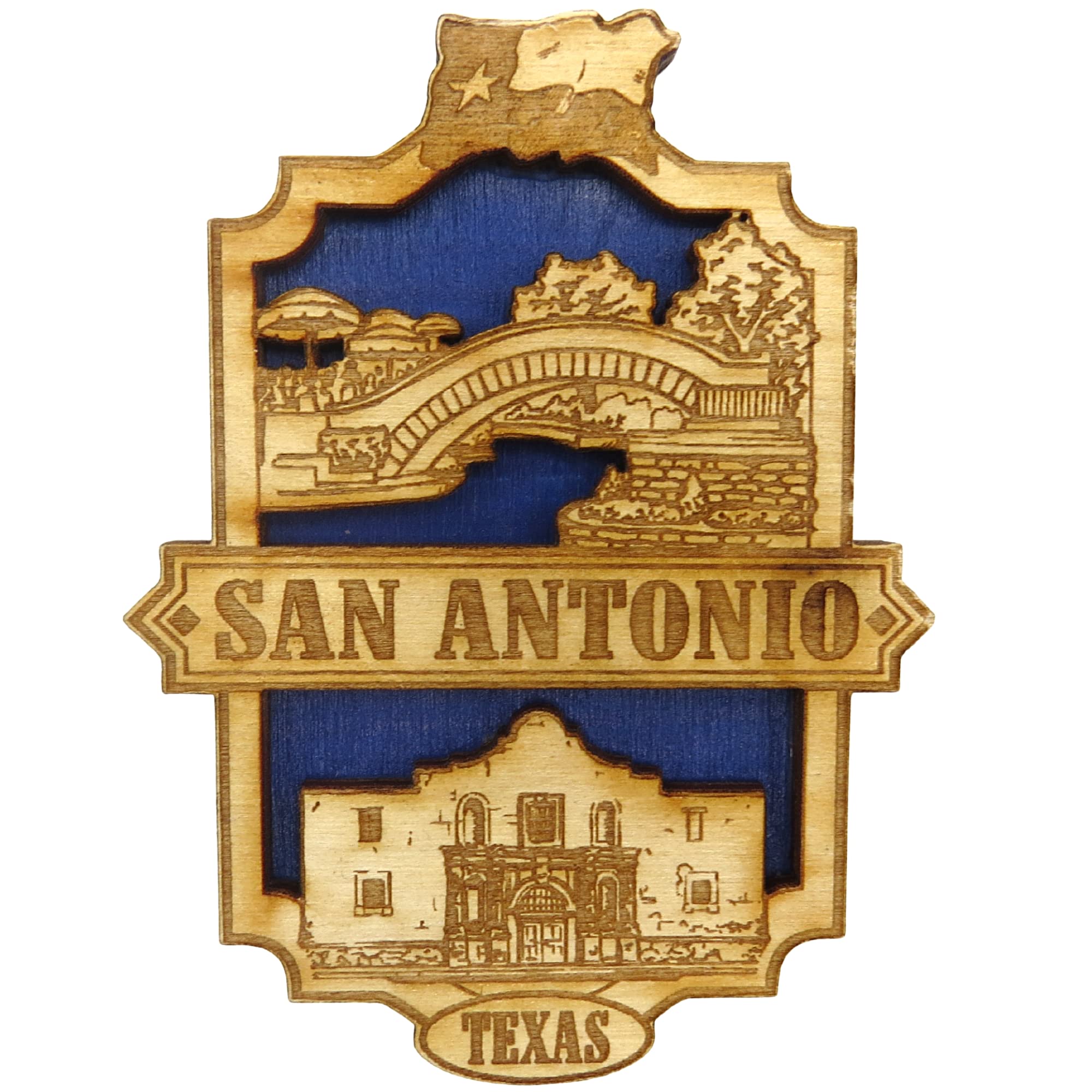 Wooden San Antonio Texas Montage Laser Cut and Painted Magnet, Rustic State Souvenir Gifts and Collectible Accessories for Refrigerators, Lockers, or Whiteboards, 3 5/8 Inches