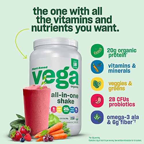 Vega Organic All-in-One Vegan Protein Powder, Chocolate - Superfood Ingredients, Vitamins for Immunity Support, Keto Friendly, Pea Protein for Women & Men, 61.8 Oz (Packaging May Vary)