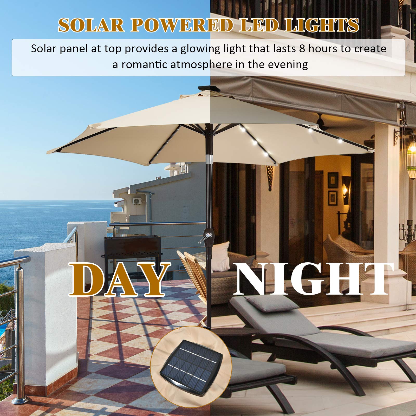 Tangkula 9FT Solar Powered LED Lighted Patio Umbrella, Table Market Umbrella with Tilt and Crank, Outdoor Umbrella with 6 Sturdy Ribs for Garden, Deck, Backyard & Pool (Beige)