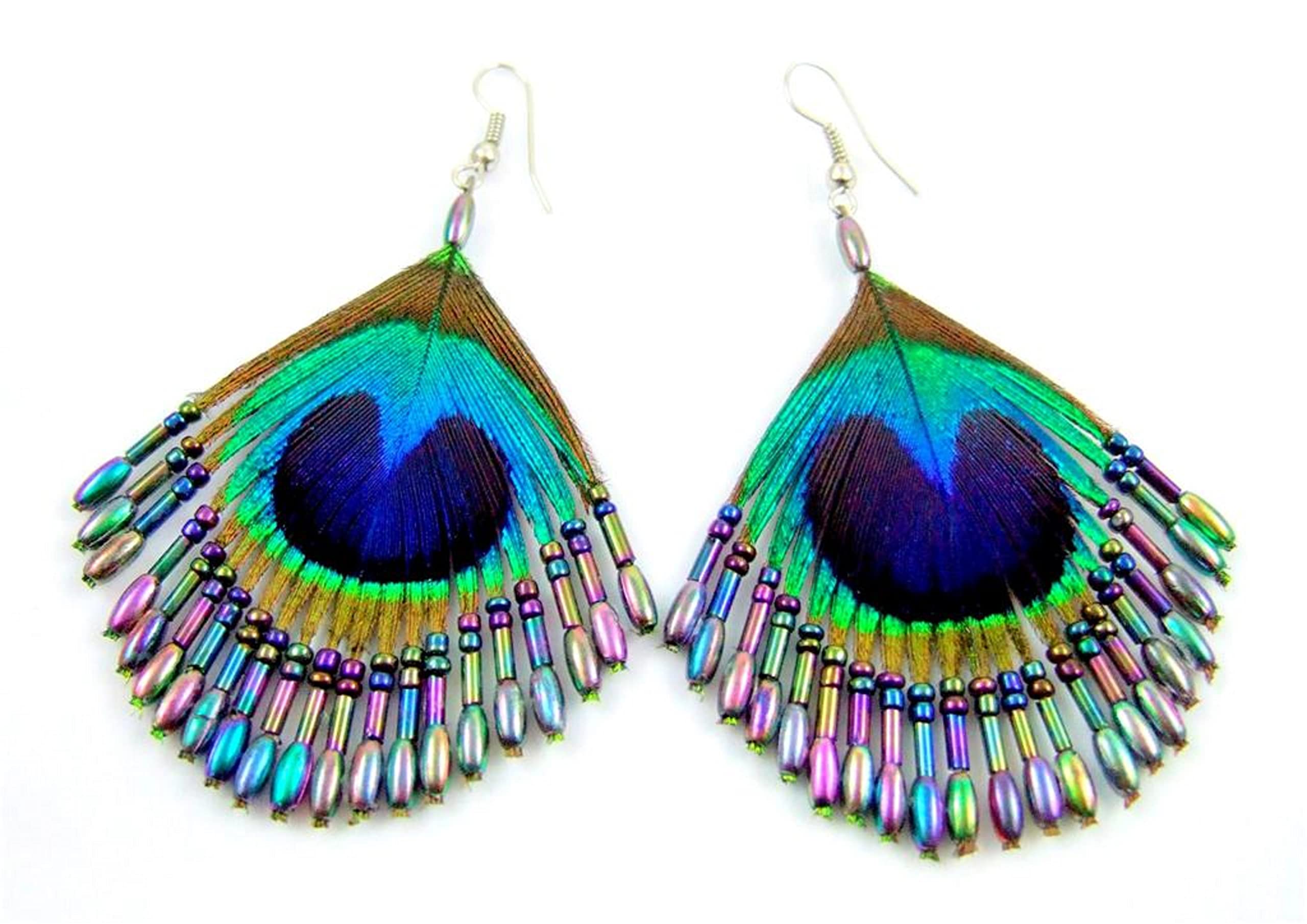 Swimmi Iridescent Peacock Feather Earrings, Hand Beaded Rainbow Color Beads Peacock Earrings for Women, Handmade Dangle Drop Feather Earrings Fashion Jewelry FA014