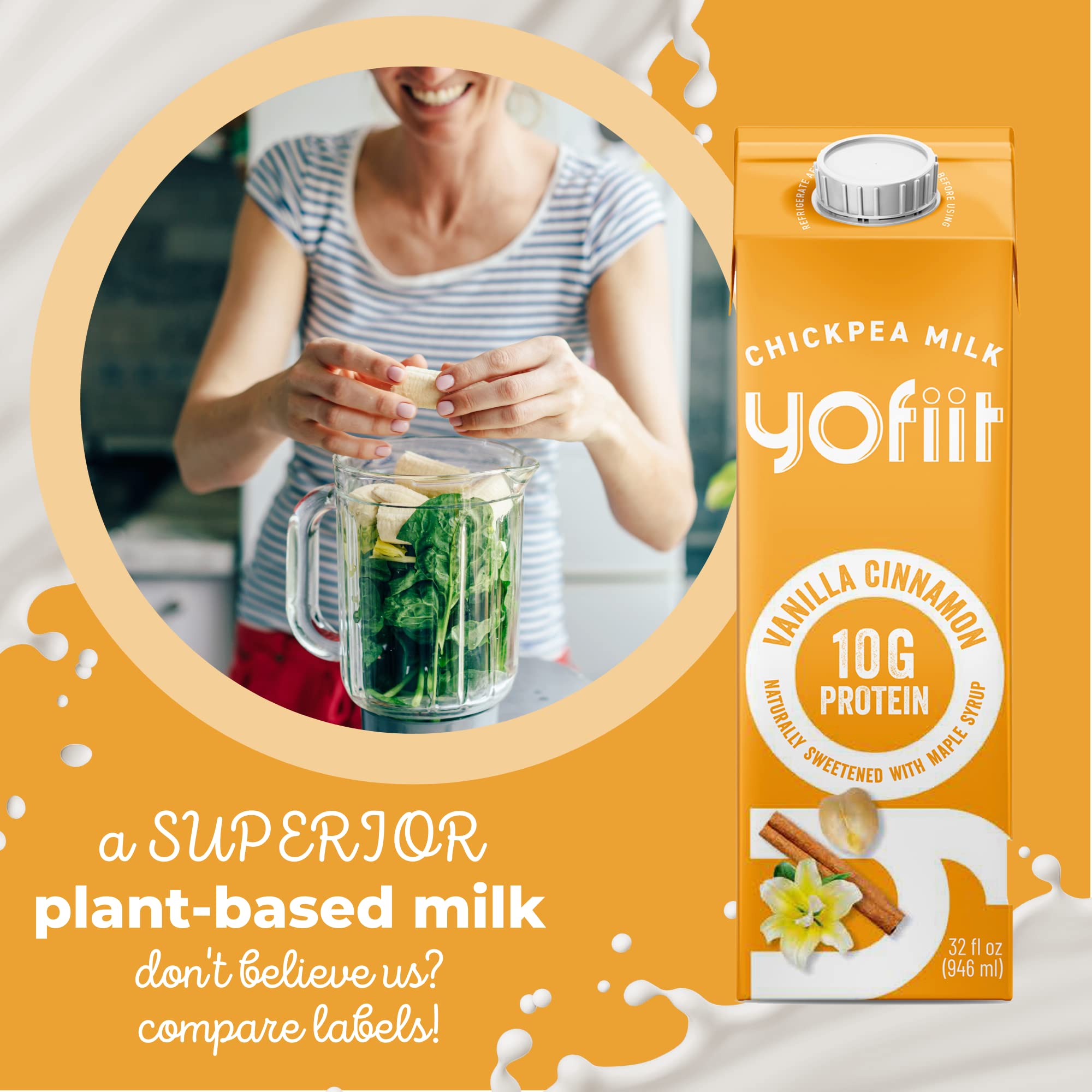 Yofiit Vanilla Cinnamon Plant Based Milk with Pea Protein and Flax - More Protein than Almond Milk - Non Dairy Coffee Creamer, Vegan & Shelf Stable | 10g Protein - 6 Pack