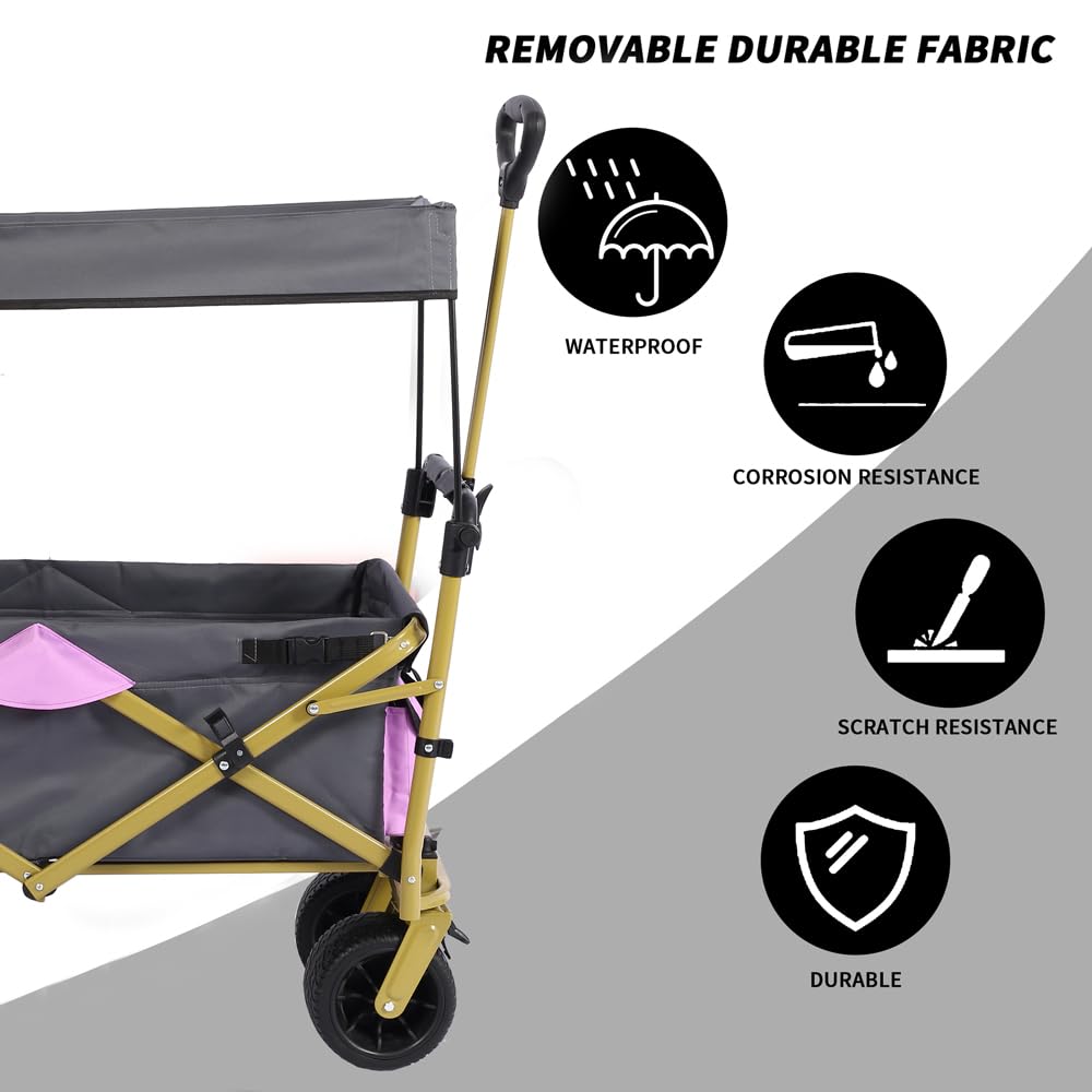 Yone jx je Collapsible Canopy Wagon - Heavy Duty Utility Outdoor Garden Cart, Push & Pull Utility Folding Wagon with Removable Canopy for Shopping, Picnic, Camping, Sports