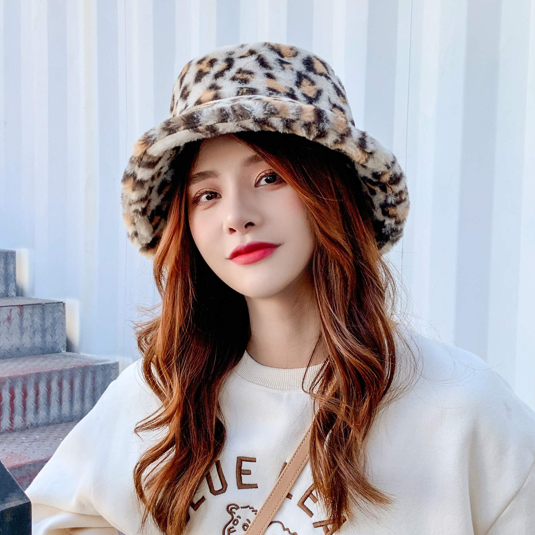 Women's Leopard Print Faux Fur Bucket Hat Fluffy Winter Warmer Plush Fisherman Cap