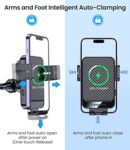 Wireless Car Charger, MOKPR 15W Fast Charging Auto-Clamping Car Mount Universal Hands-Free Car Charger Mount for Dash Windshield Air Vent Compatible with iPhone 15/14/13/12, Samsung S23/S22/S21 Black