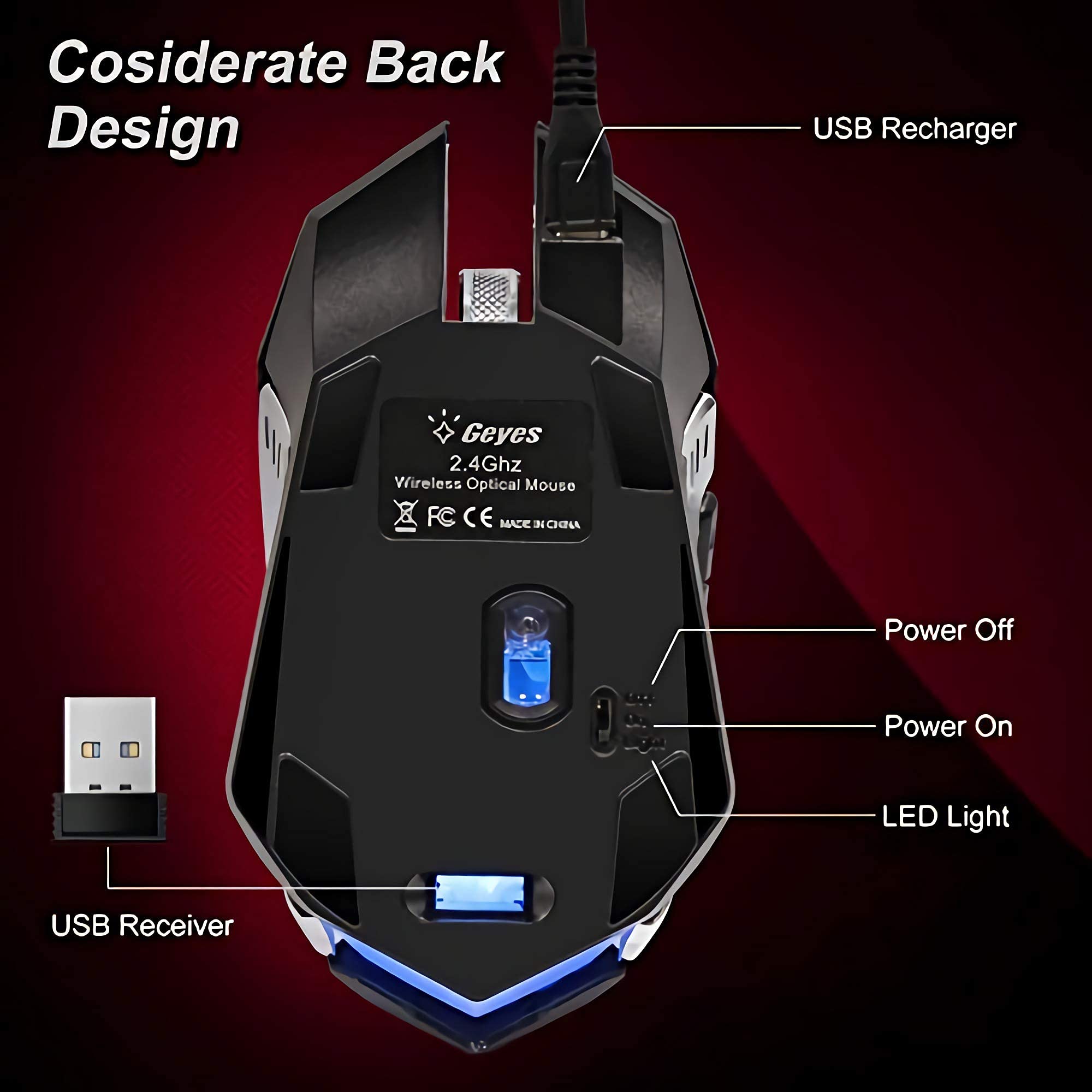 VEGCOO Wireless Gaming Mouse, Silent Wireless Mouse, Rechargeable Computer Mice with Colorful RGB LED Lights and 3-Level-Adjustable DPI, 6 Buttons Mouse with Side Buttons for Laptop and Desktop