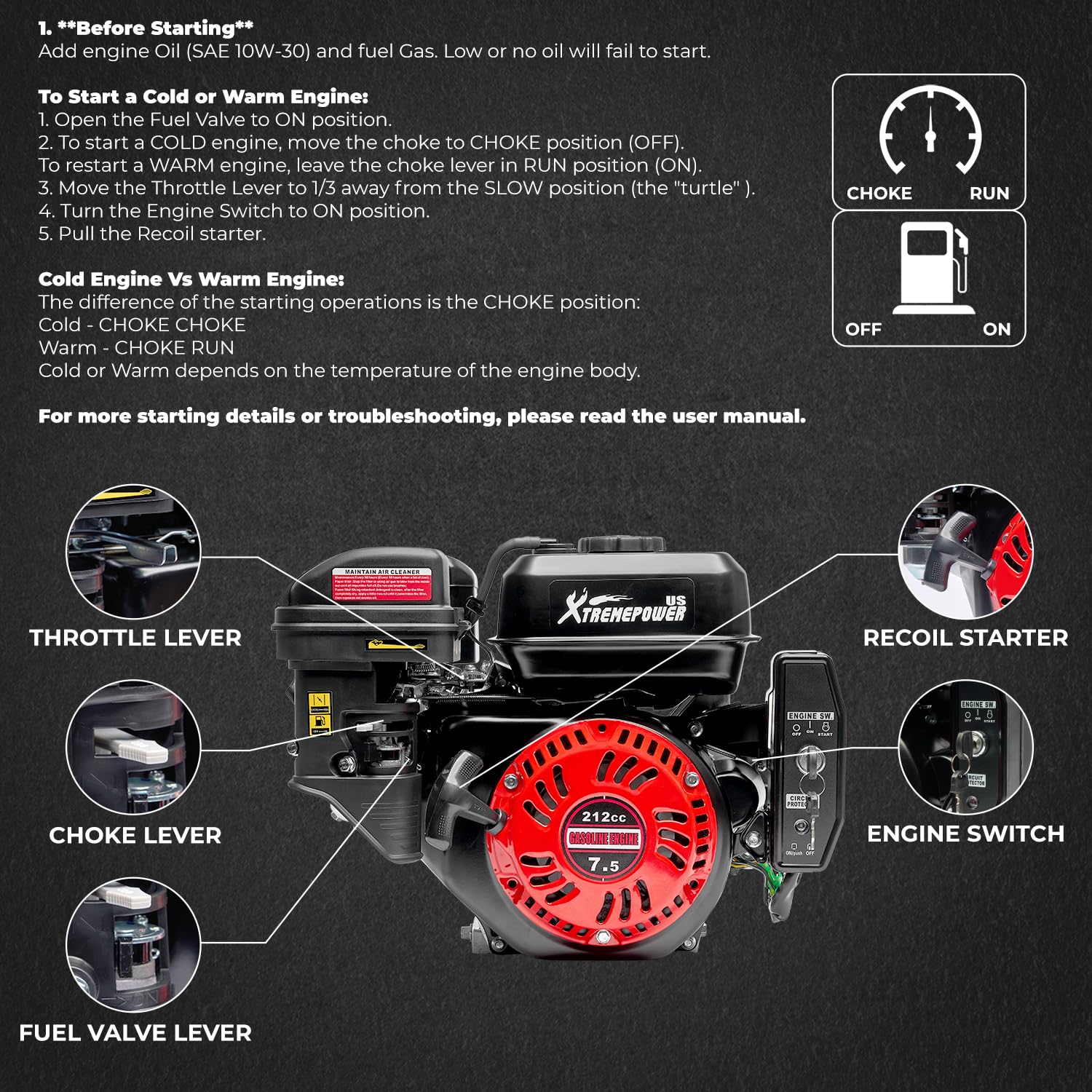 XtremepowerUS Electric Start 7 HP Go Kart Gas Engine Log Splitter Recoil/Electric Start Engine Gas Power Gasoline OHV Motor, Black