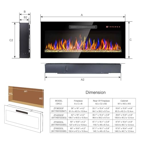 YardGo 50'' Electric Fireplace Recessed and Wall Mounted, 1400W Inserts Electric Heater with 11 temperatures, Remote Control with Timer,Touch Screen, Adjustable 16Flame Colors and 5 Speeds