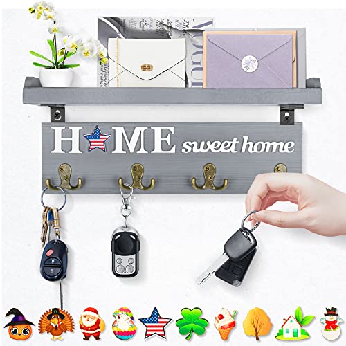 Toosci Key and Mail Holder for Wall, Mail Organizer and Key Holder with Tray, Wall Key Rack with 4 Dual Key Holder, Solid Wood Key Holder for Country Home Decor, for Entryway and Offices (Gray)