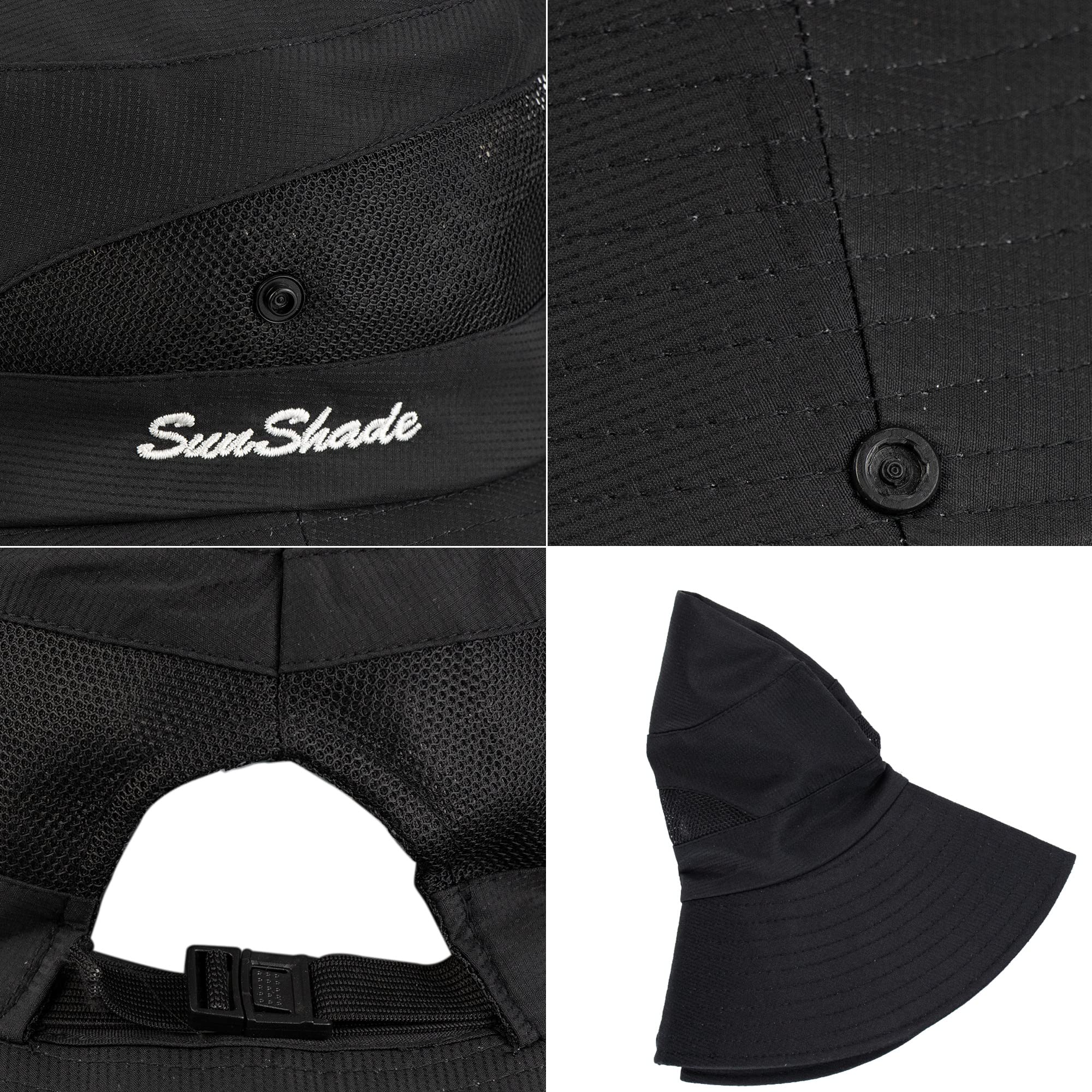 Women's Outdoor UV-Protection-Foldable Sun-Hats Mesh Wide-Brim Beach Fishing Hat with Ponytail-Hole (Black)