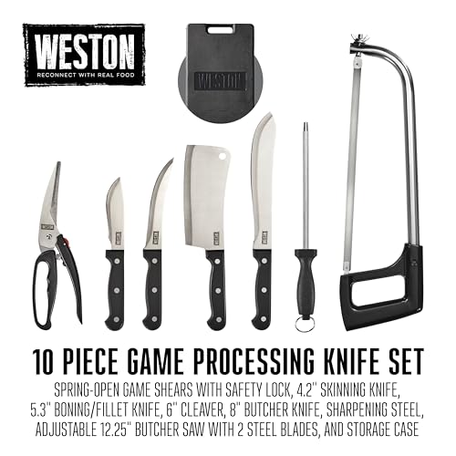 Weston 10-Piece Game Processing Knife Kit, 8" Butcher, 6" Cleaver, 5.3" Fillet, and 4.2" Skinning Knives, Adjustable 12.25" Butcher Saw, Sharpener, Shears & Storage Case, Stainless Steel (83-7001-W)