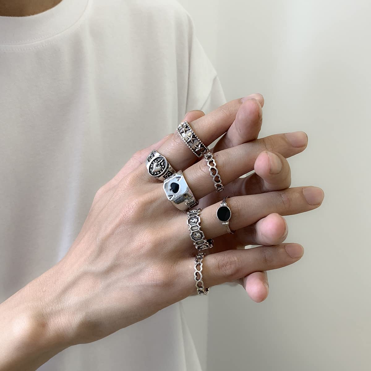 XUN Zhe Vintage Gold Silver Punk Rings for Men Women,Cool Gothic Ring Set,Chunky Stackable Joint Knuckle Rings,Retro Skull Ace Malachite Rings (Silver)