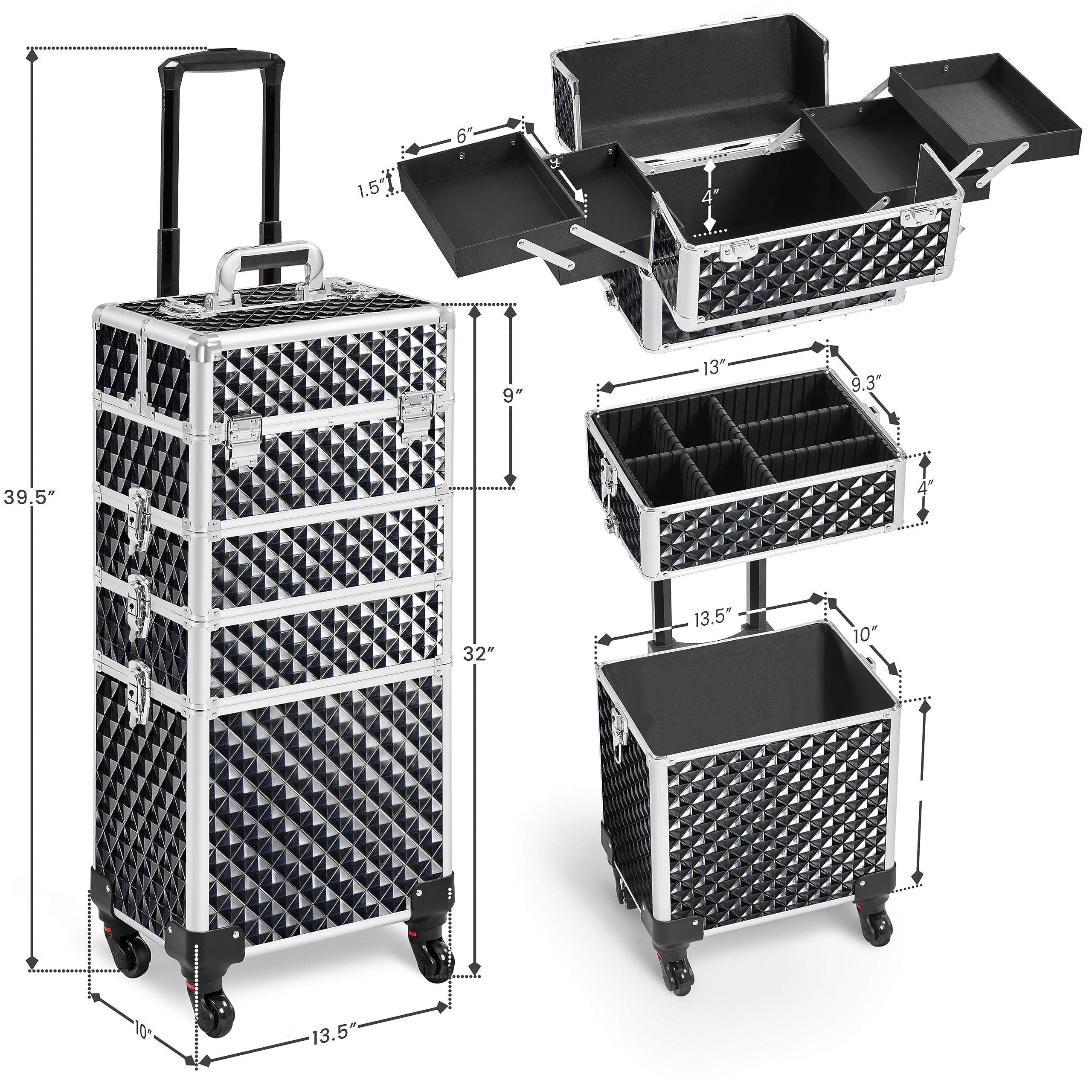 Yaheetech Professional Makeup Train Case 4 in 1 Cosmetic Trolley Nail Tech Travel Case Rolling Makeup Organizer Salon Barber Case with Wheels Hairstylist